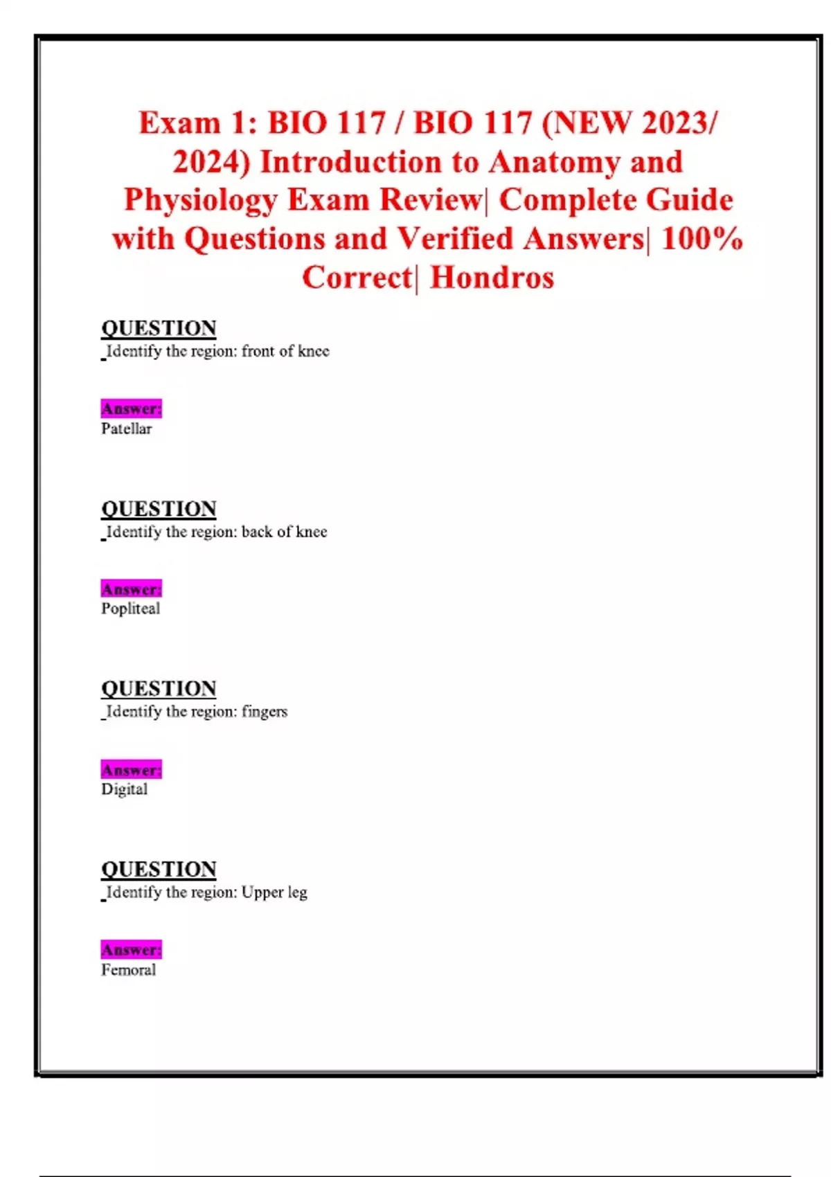 Exam 1 BIO 117/BIO 117 (NEW ) Introduction to Anatomy and Physiology ...