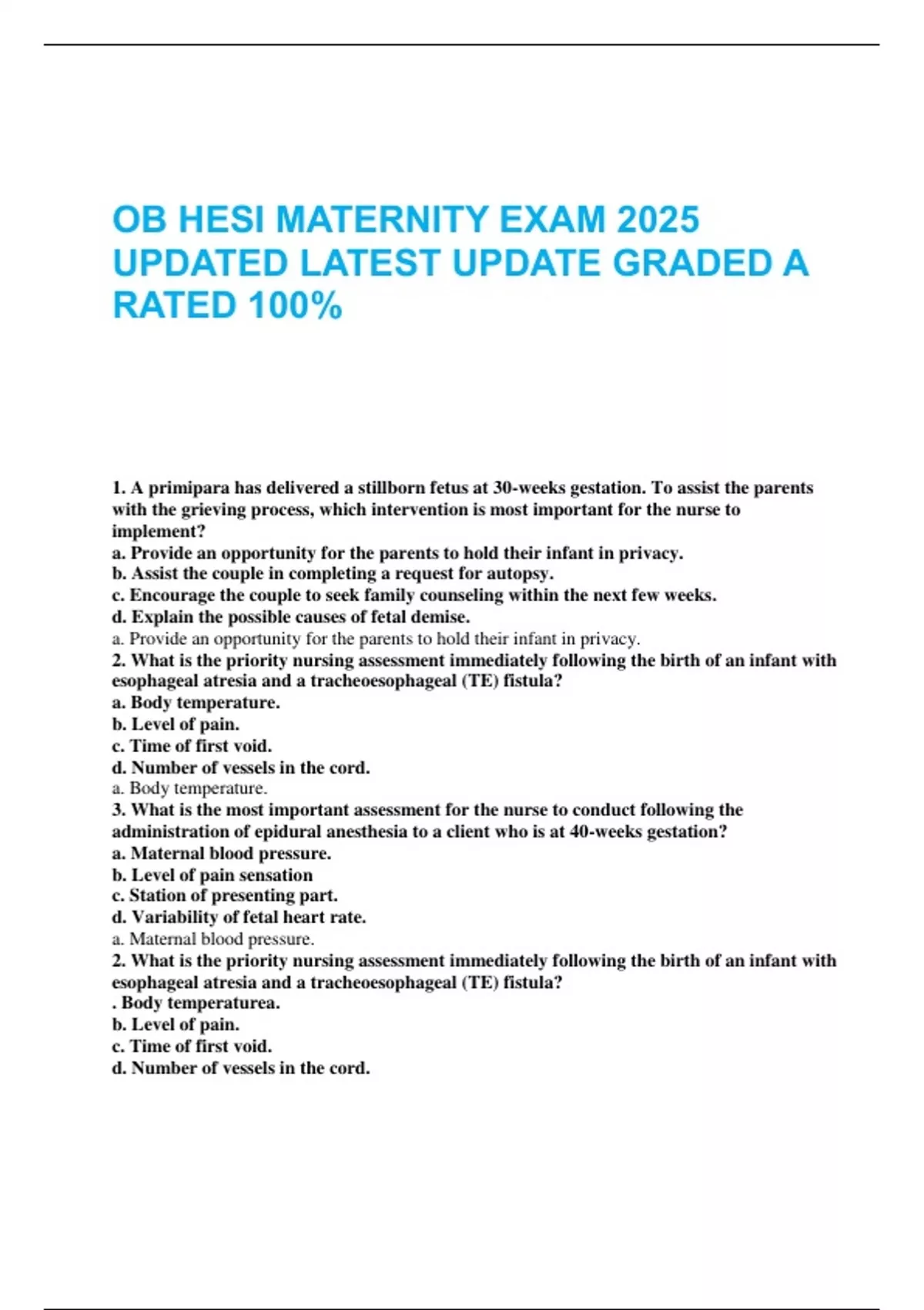 OB HESI MATERNITY EXAM 2025 UPDATED LATEST UPDATE GRADED A RATED 100% ...