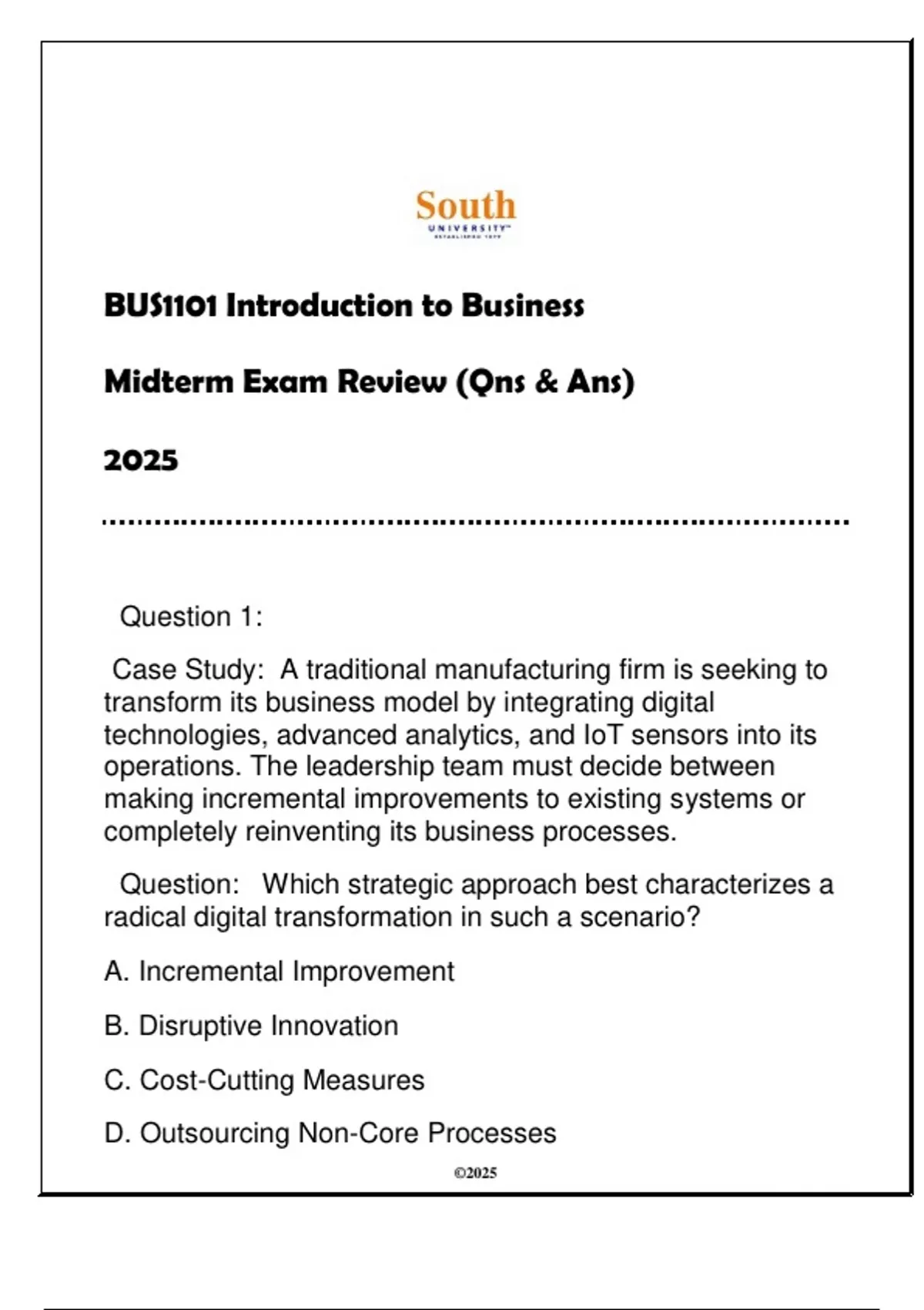 BUS1101 Intro to Business Midterm Exam Review 2025 (Qns & Ans). - Business Management - Stuvia US
