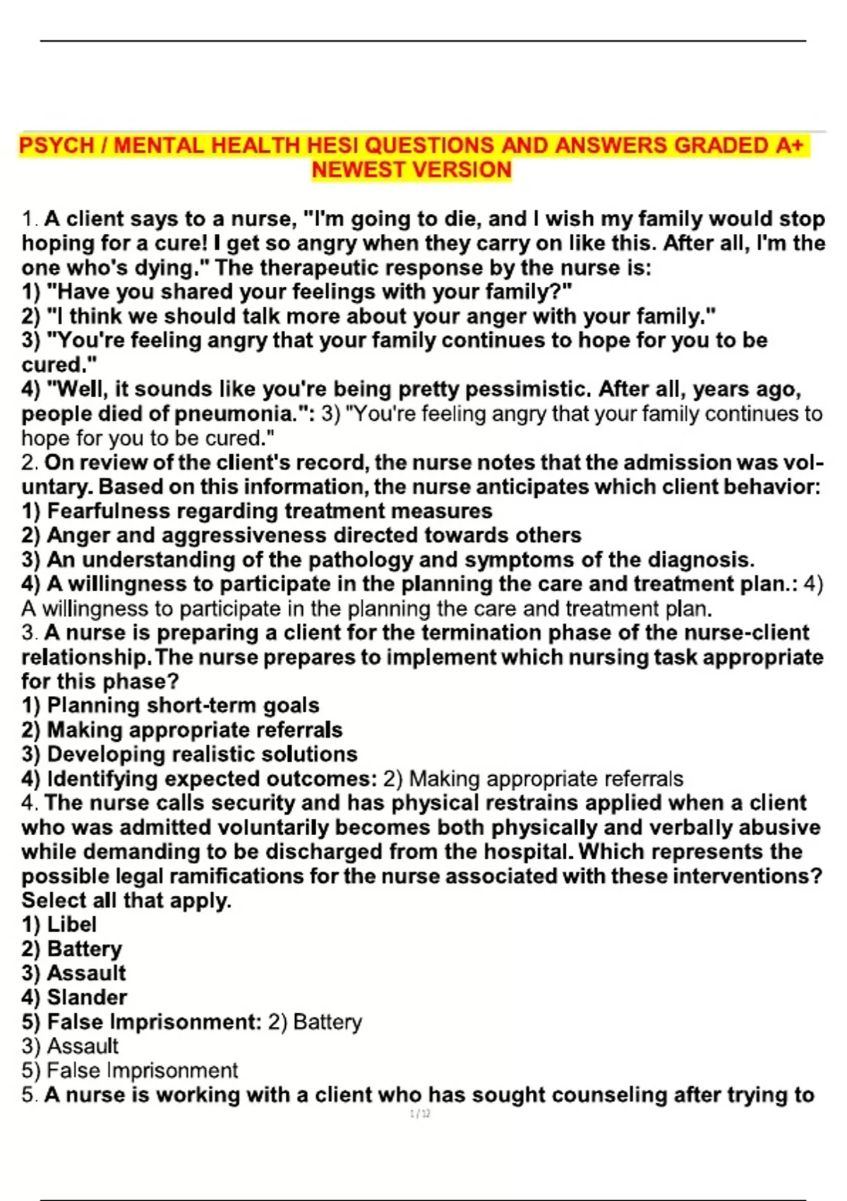 PSYCH / MENTAL HEALTH HESI QUESTIONS AND ANSWERS GRADED A+ NEWEST ...