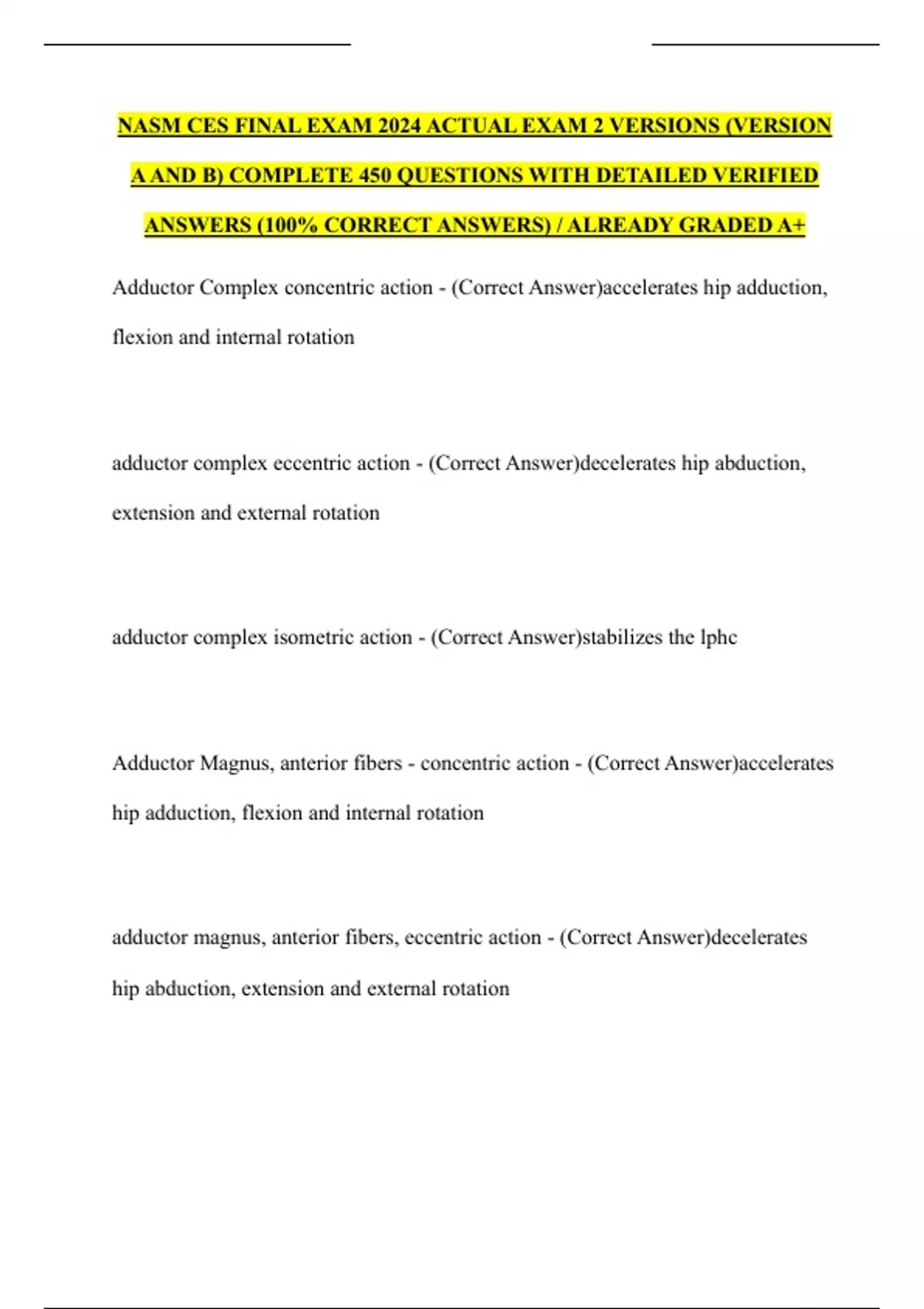 NASM CES FINAL EXAM 2024 ACTUAL EXAM 2 VERSIONS (VERSION A AND B ...