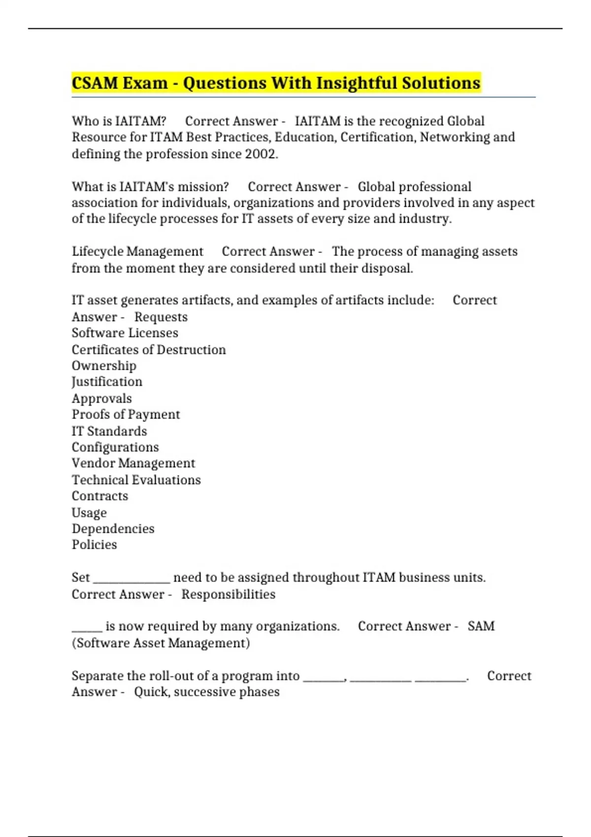 CSAM Exam - Questions With Insightful Solutions - ASSET MANAGEMENT - Stuvia US