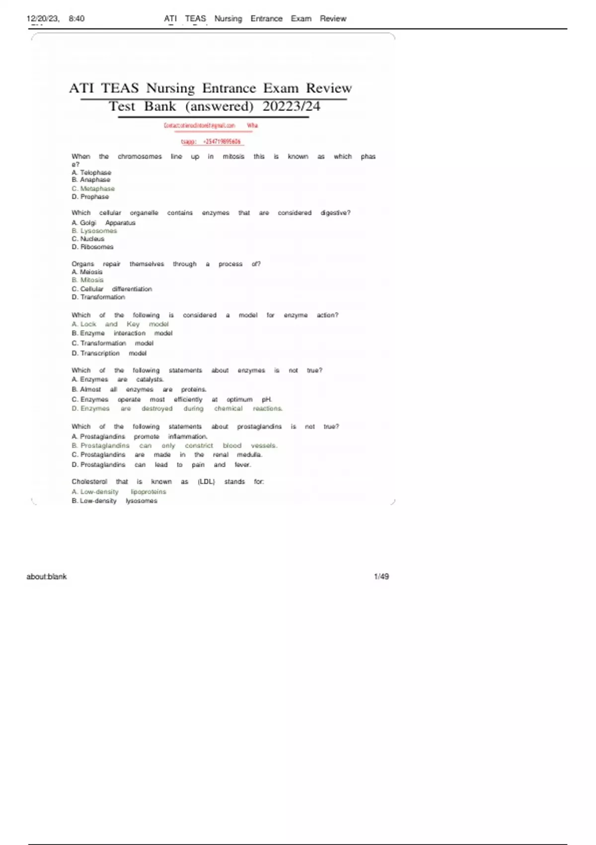 ATI TEAS NURSING ENTRANCE EXAM REVIEW TEST BANK (ANSWERED) 2024/25 ...