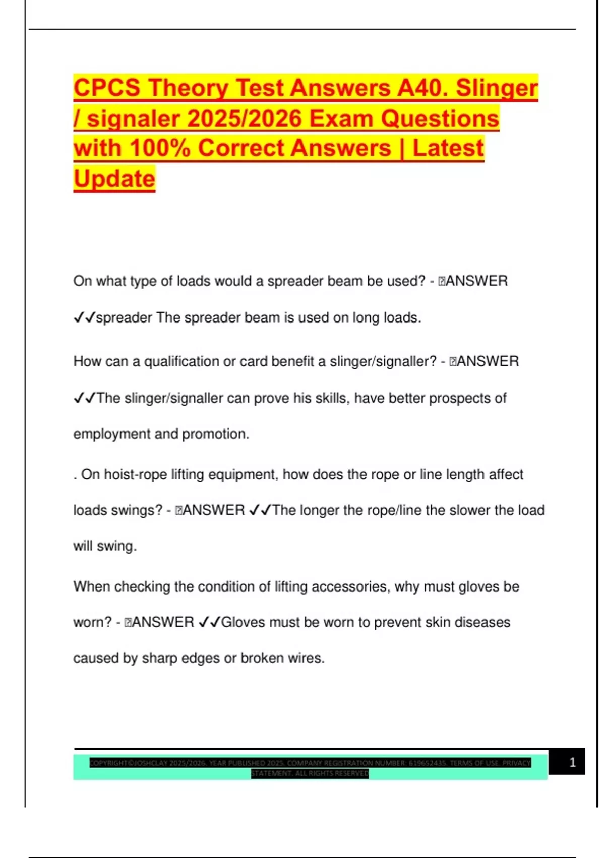 CPCS Theory Test Answers A40. Slinger / signaler 2025/2026 Exam ...