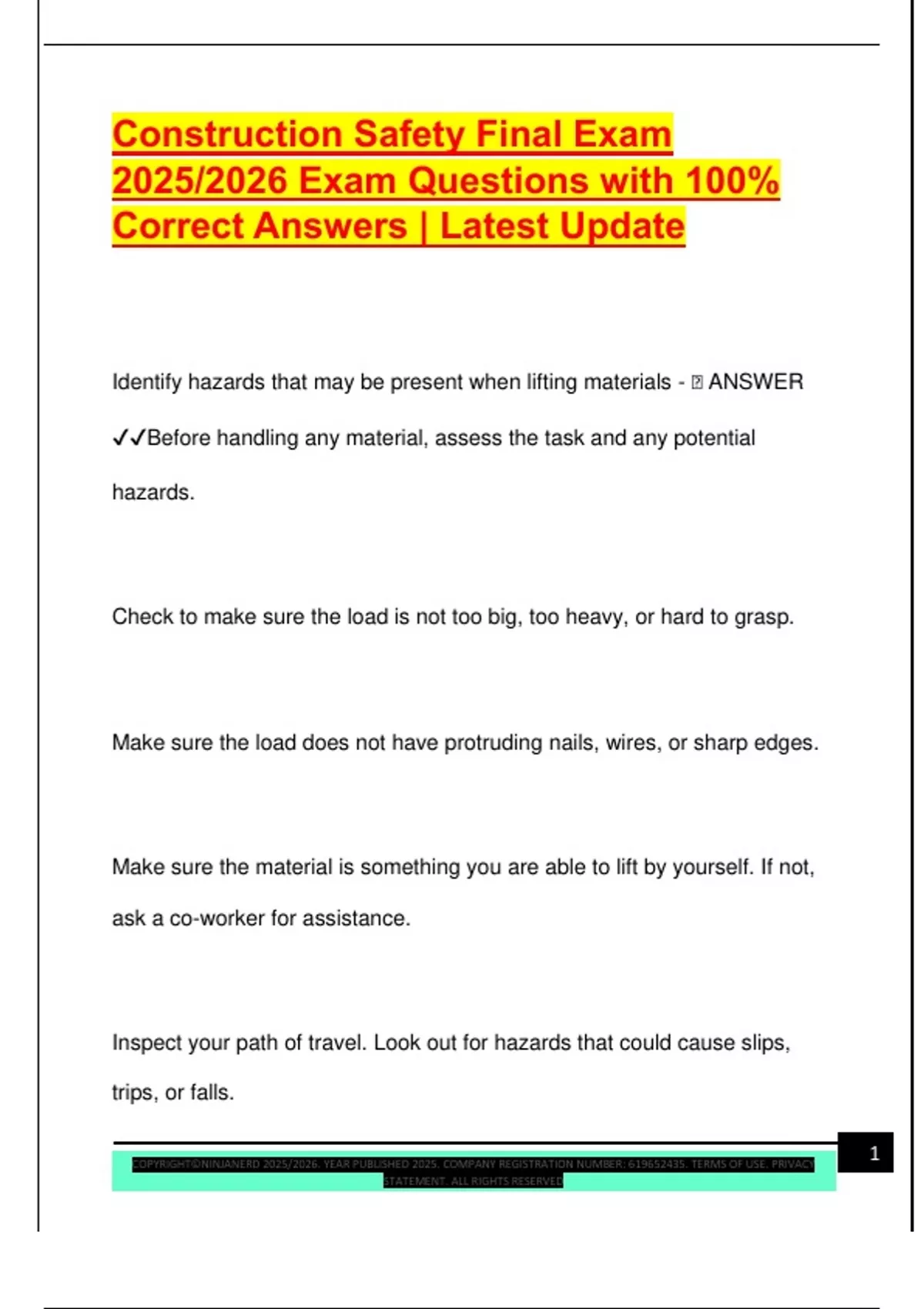 Construction Safety Final Exam 2025/2026 Exam Questions with 100% ...