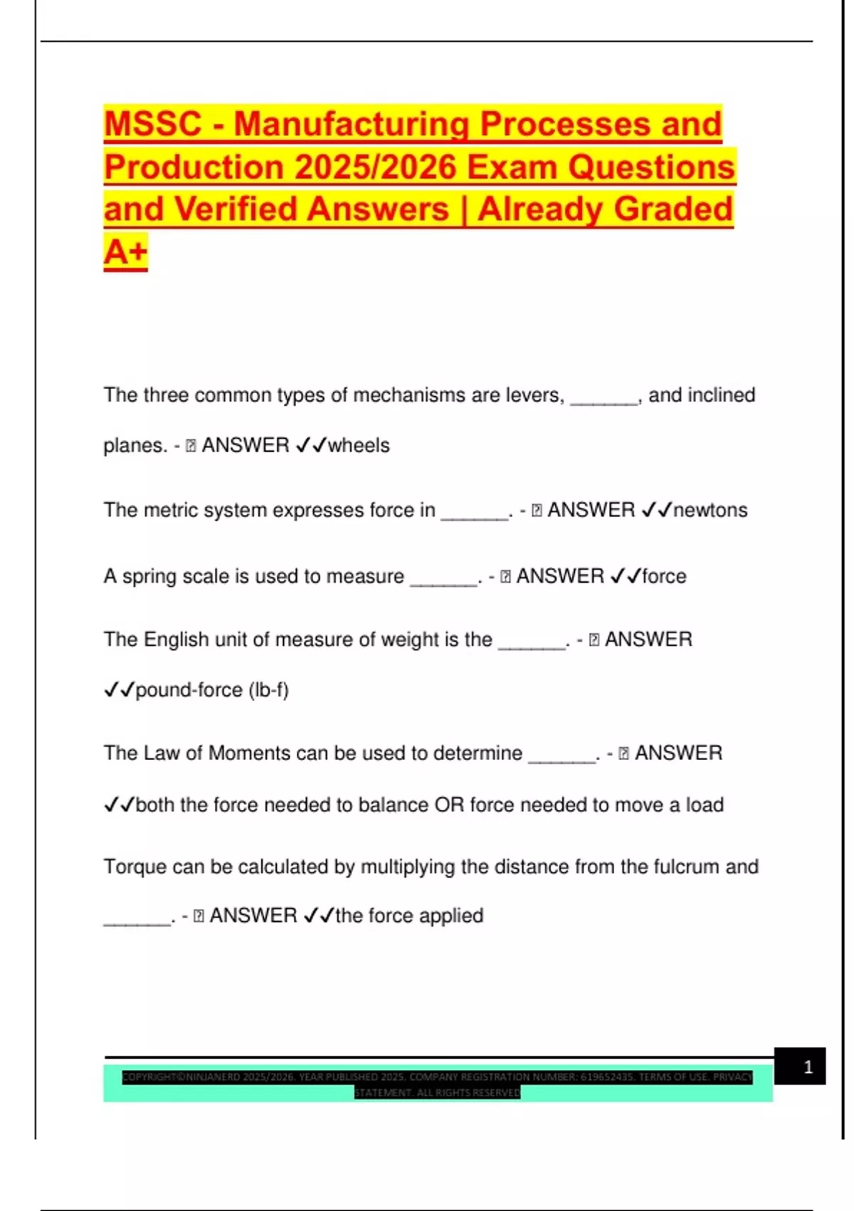 MSSC - Manufacturing Processes and Production 2025/2026 Exam Questions and Verified Answers ...