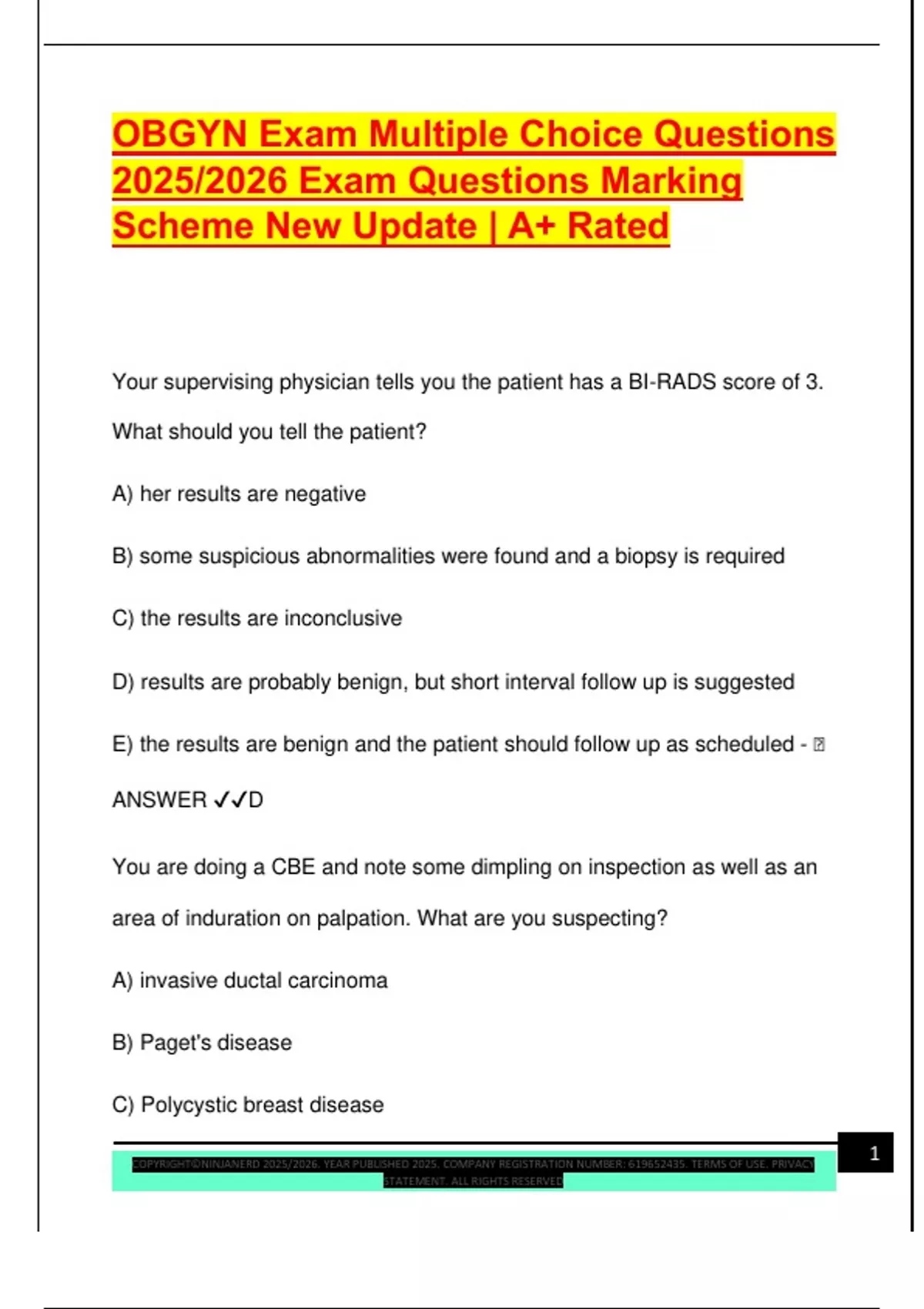 OBGYN Exam Multiple Choice Questions 2025/2026 Exam Questions Marking ...