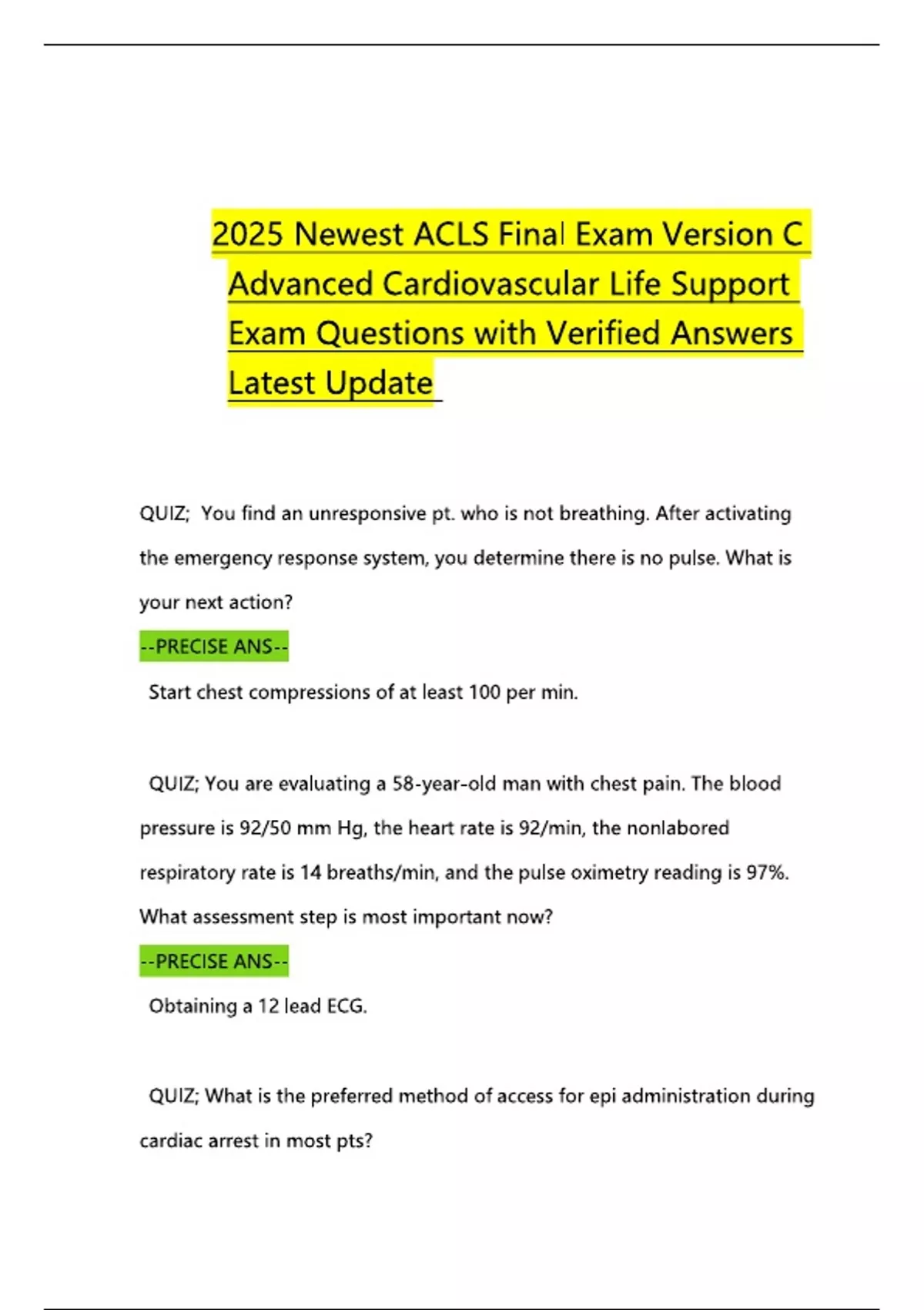 2025 Newest ACLS Final Exam Version C Advanced Cardiovascular Life Support Exam Questions with ...