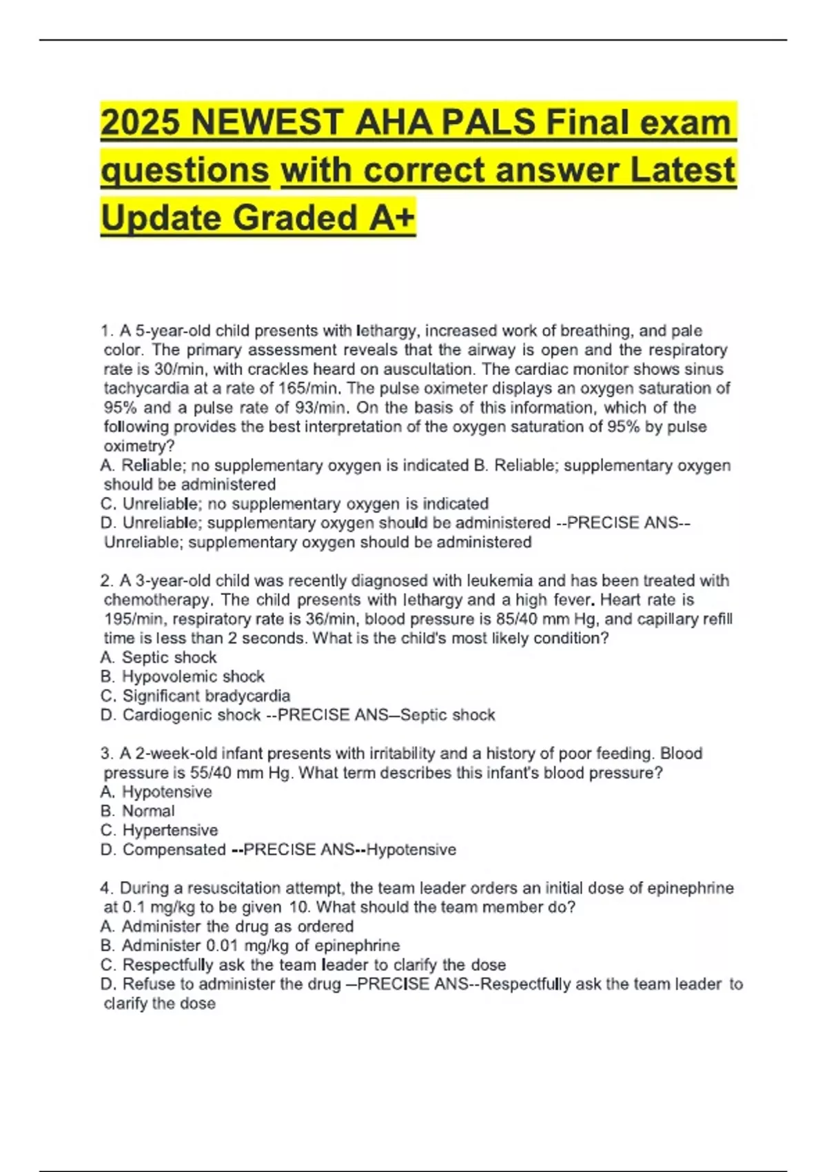 2025 NEWEST AHA PALS Final exam questions with correct answer Latest ...