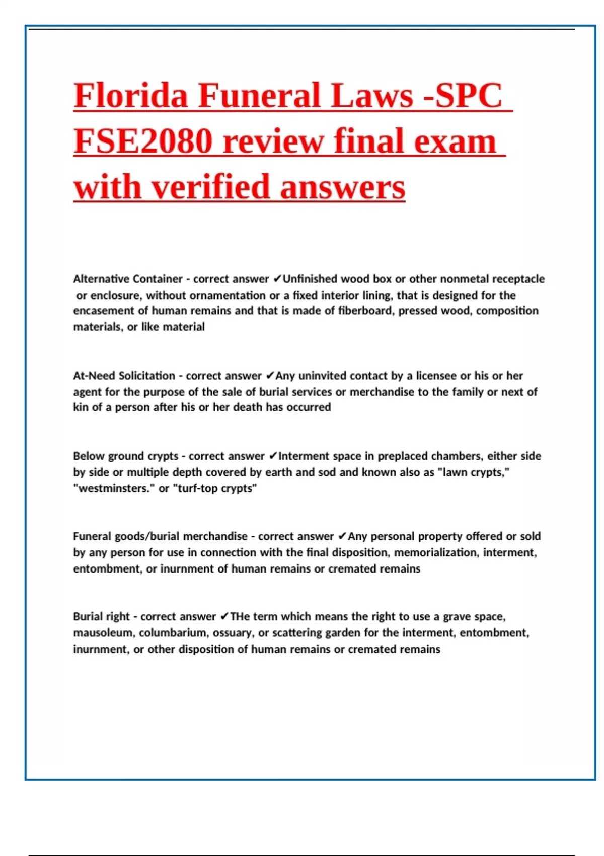 Florida Funeral Laws -SPC FSE2080 review final exam with verified ...