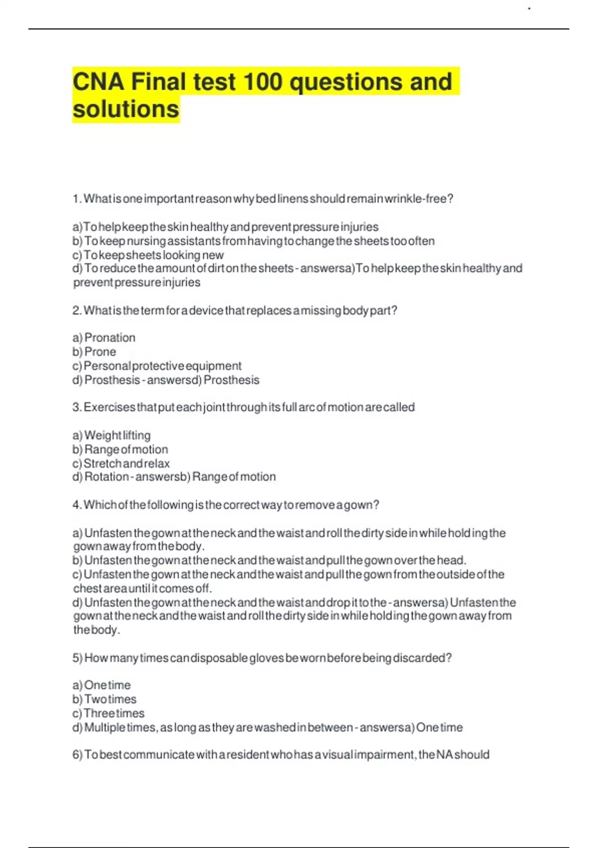 CNA Final test 100 questions and solutions - CNA Fi - Stuvia US