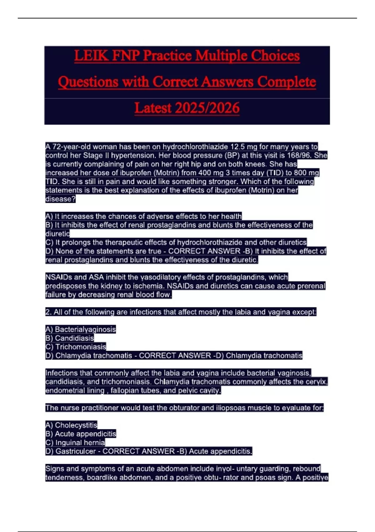 LEIK FNP Practice Multiple Choices Questions with Correct Answers ...