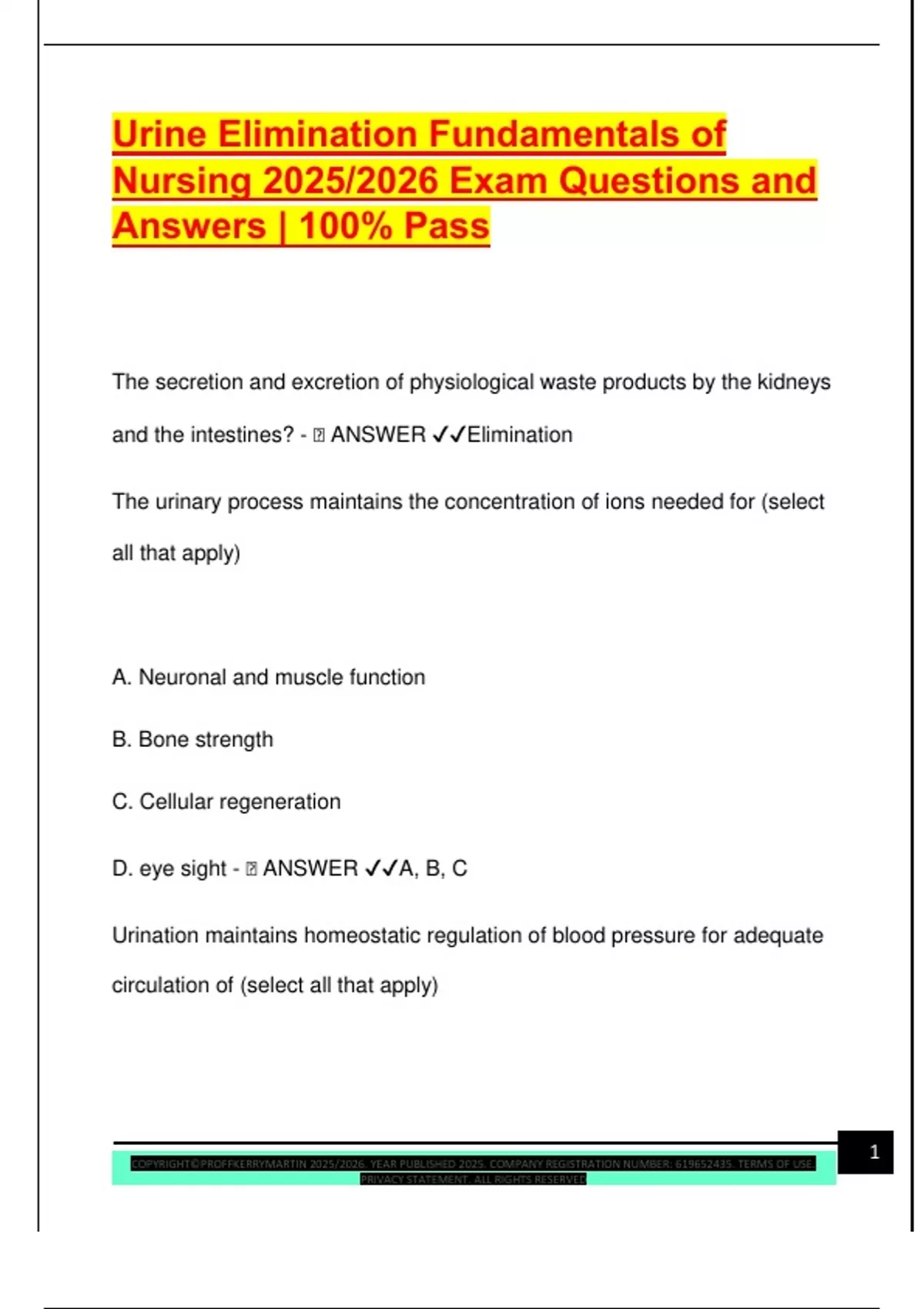 Urine Elimination Fundamentals of Nursing 2025/2026 Exam Questions and ...