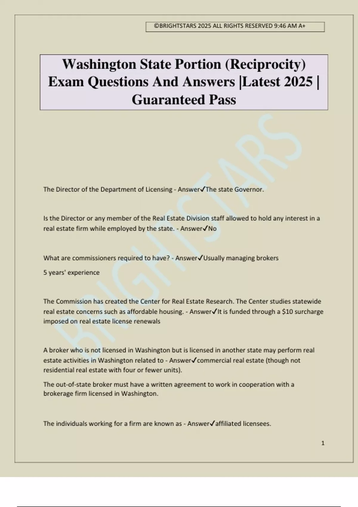 Washington State Portion (Reciprocity) Exam Questions And Answers ...