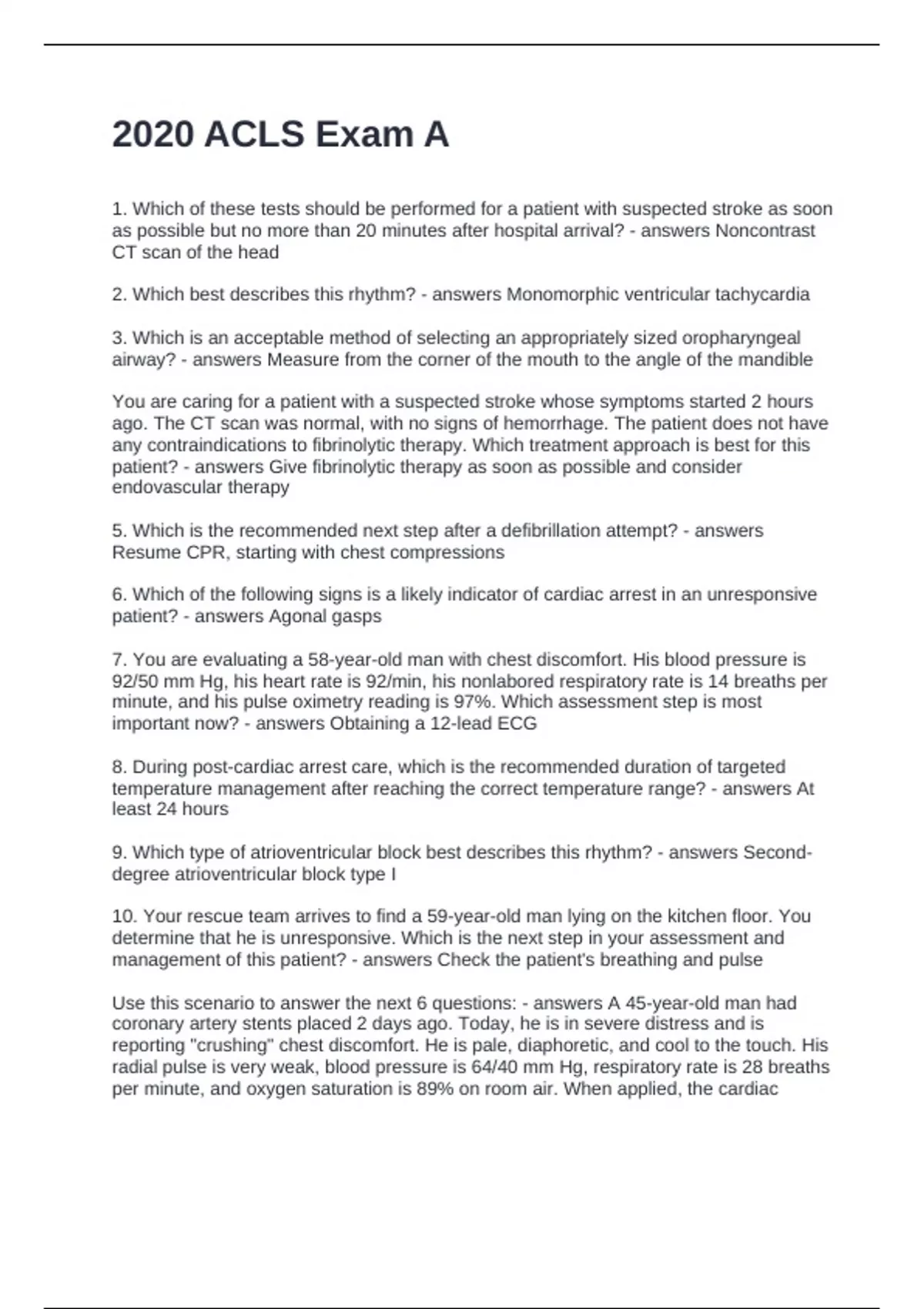 2020 ACLS Exam A questions and answers - Acls - Stuvia US