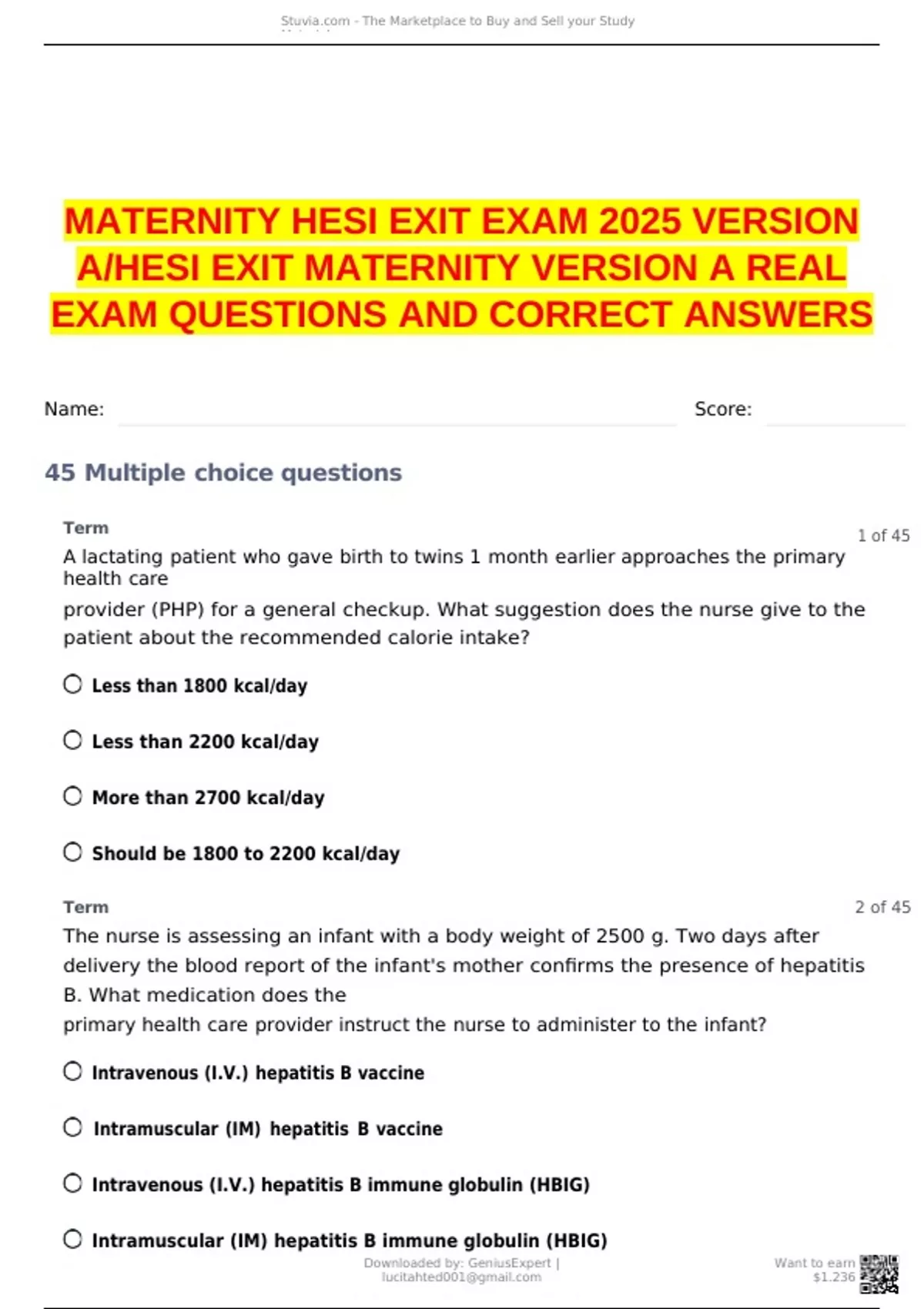 MATERNITY HESI EXIT EXAM 2025 VERSION A/HESI EXIT MATERNITY VERSION A ...