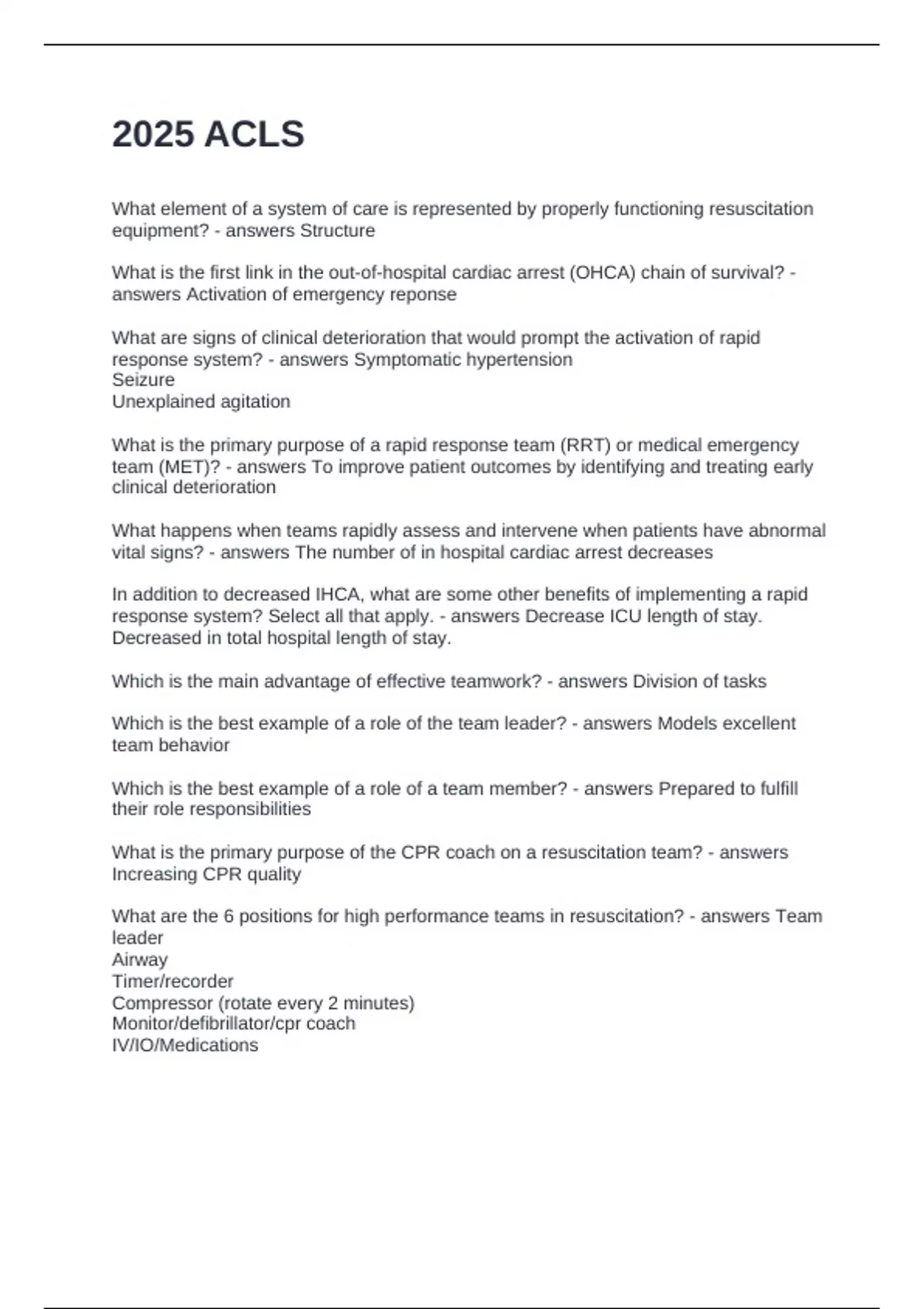 2025 ACLS questions and answers - Acls - Stuvia US