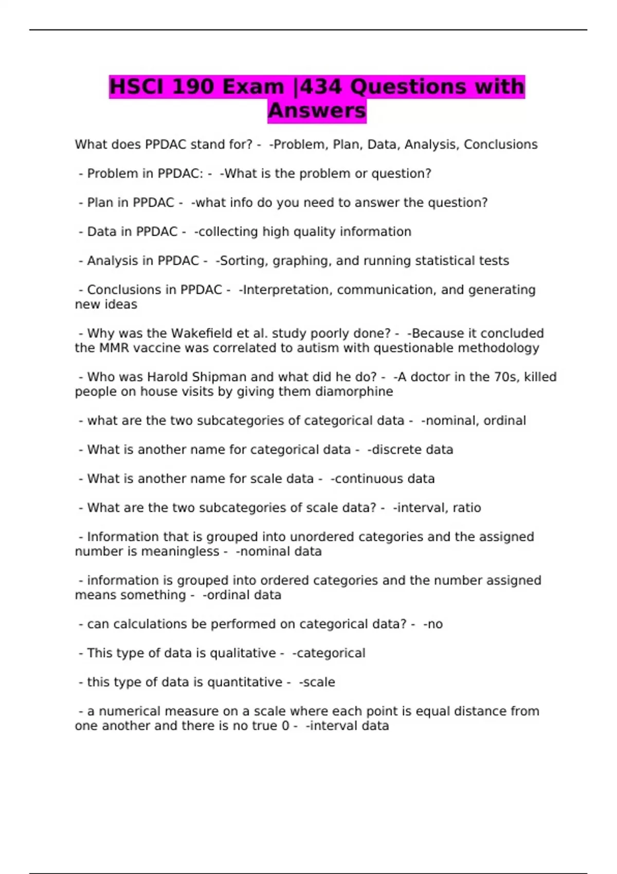 HSCI 190 Exam |434 Questions with Answers - HSCI 190 - Stuvia US