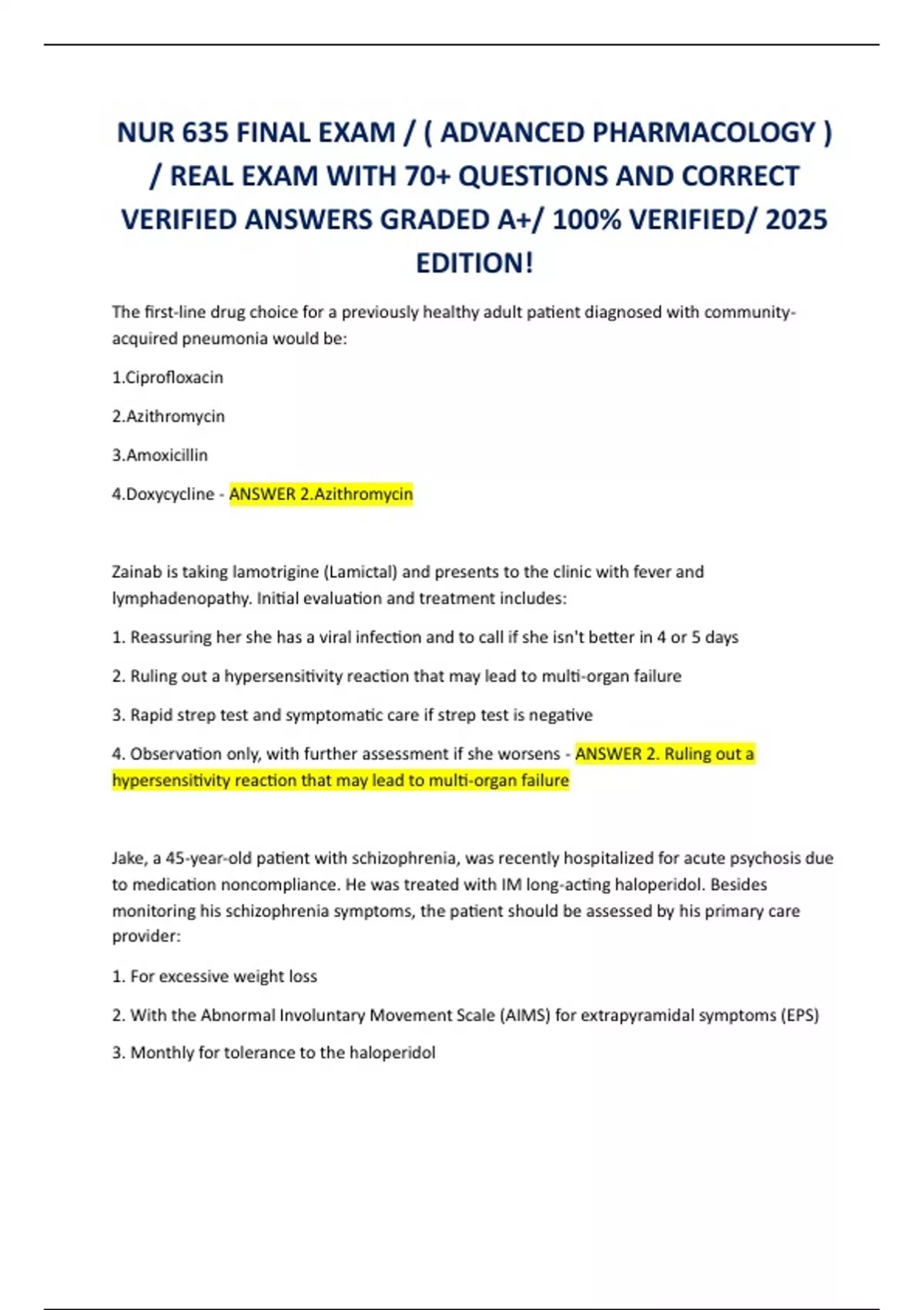 NUR 635 FINAL EXAM / ( ADVANCED PHARMACOLOGY ) / REAL EXAM WITH 70+ QUESTIONS AND CORRECT ...