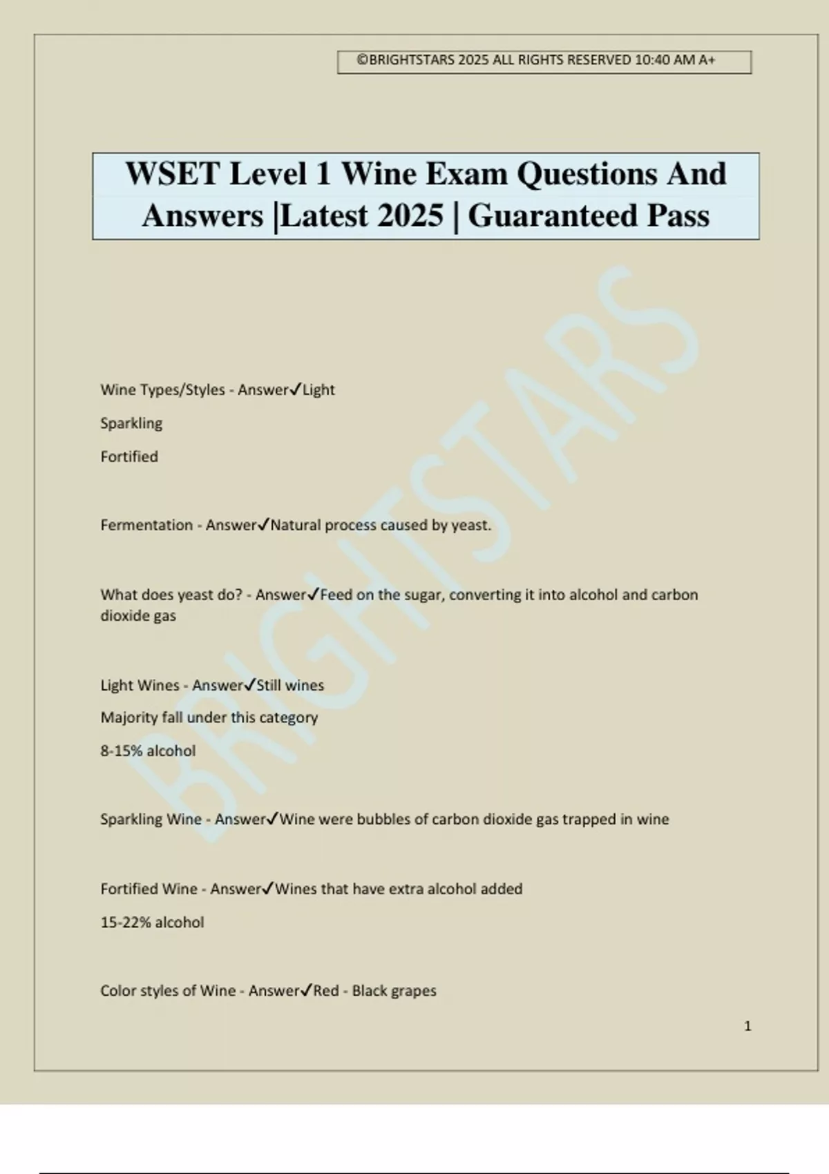 WSET Level 1 Wine Exam Questions And Answers |Latest 2025 | Guaranteed ...