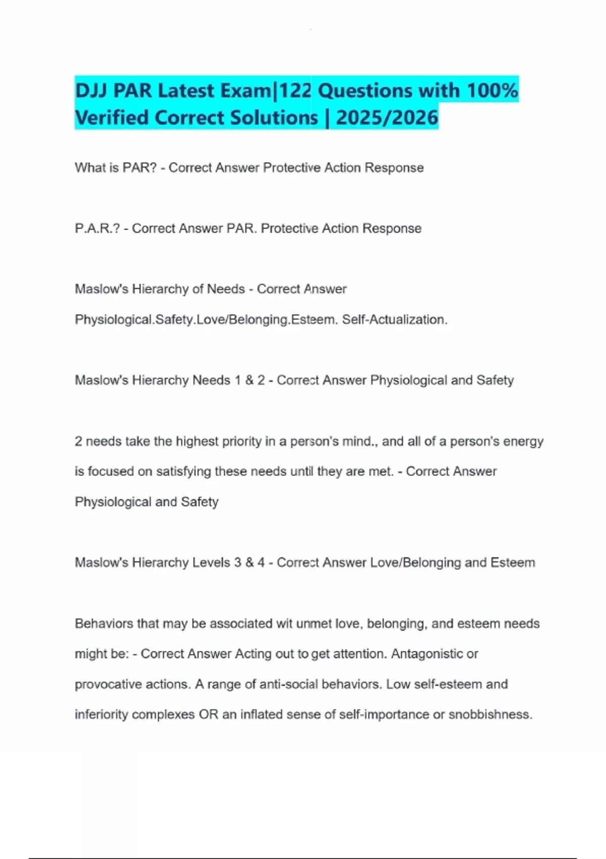 DJJ PAR Latest Exam|122 Questions with 100% Verified Correct Solutions ...