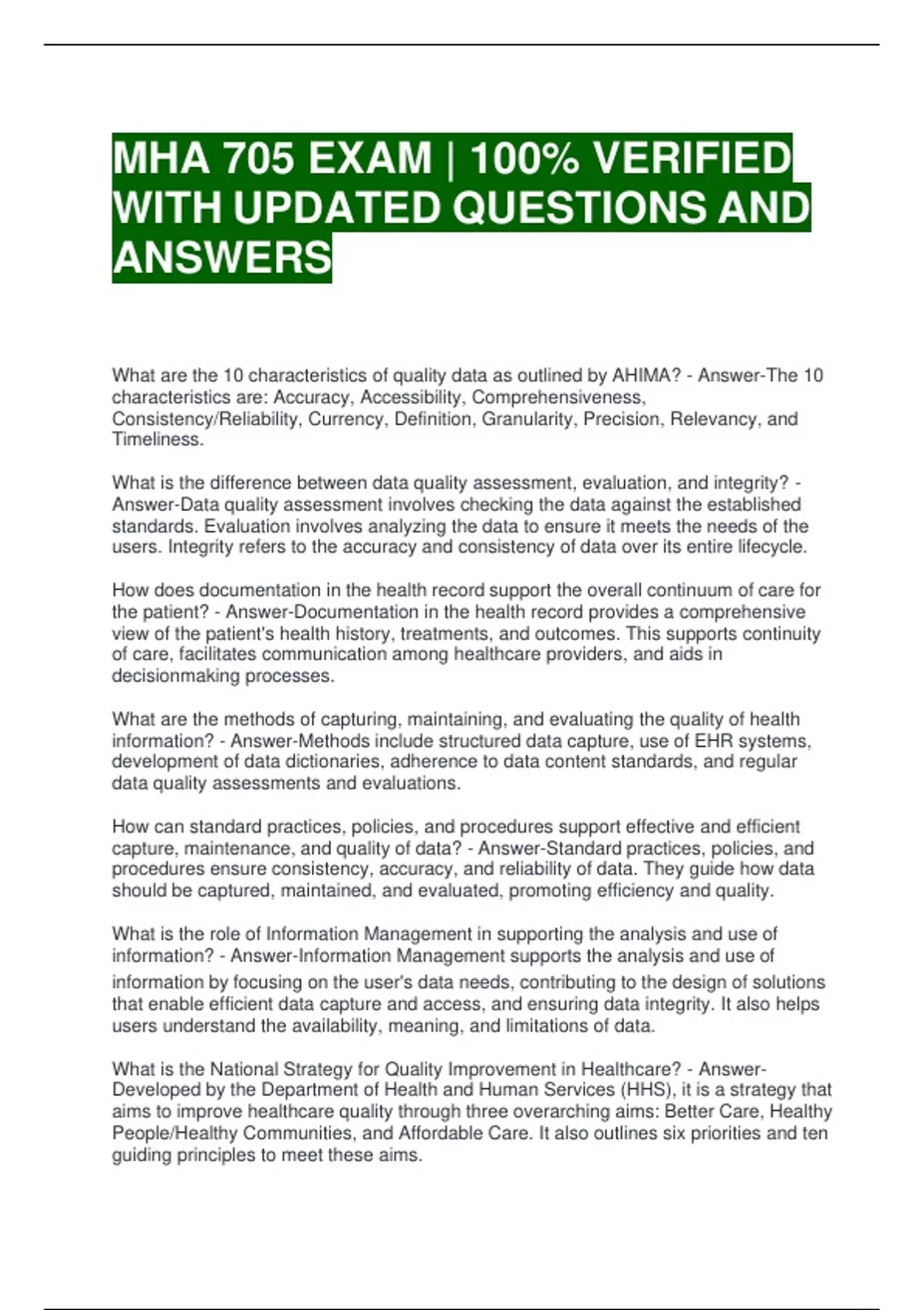 Bundle For MHA 705 EXAM - 100 VERIFIED WITH UPDATED QUESTIONS AND ...