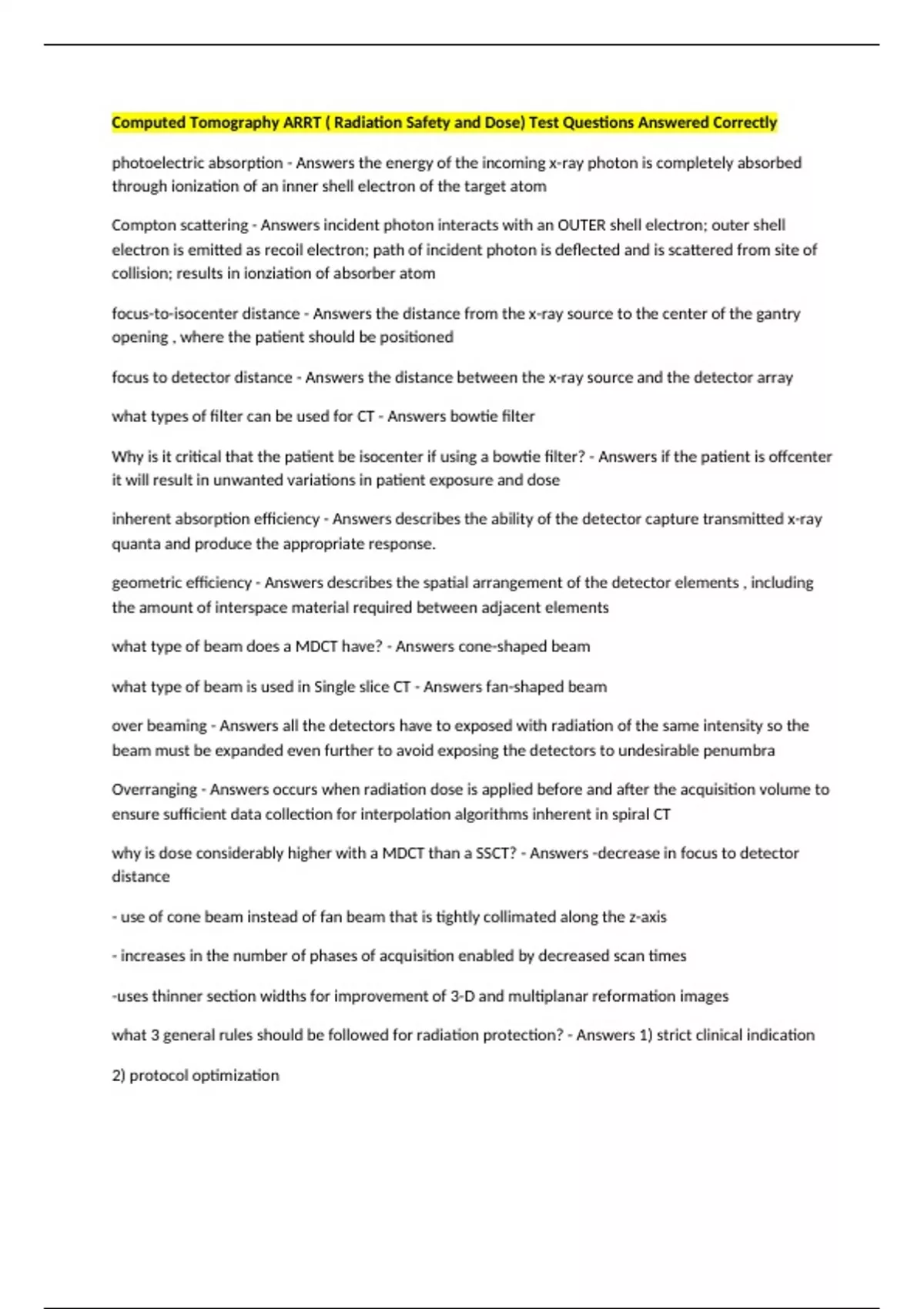 Computed Tomography ARRT ( Radiation Safety and Dose) Test Questions ...