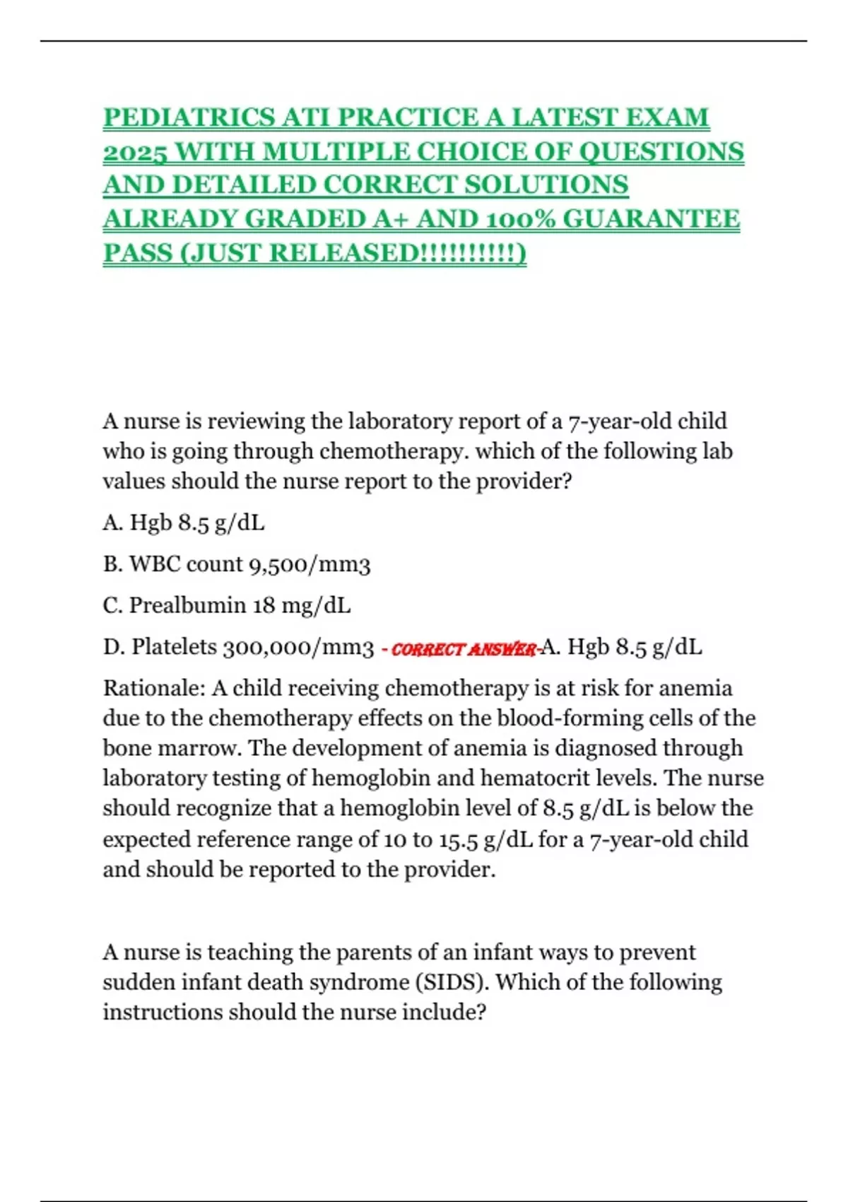 PEDIATRICS ATI PRACTICE A LATEST EXAM 2025 WITH MULTIPLE CHOICE OF ...