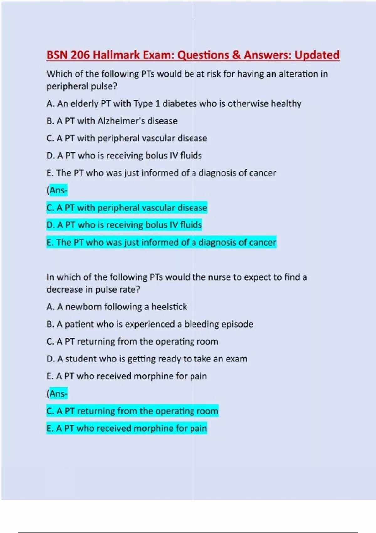 BSN 206:BSN 206 Package Deal:BSN 206 Hallmark Exam:LR BSN:LR BSN 206 ...