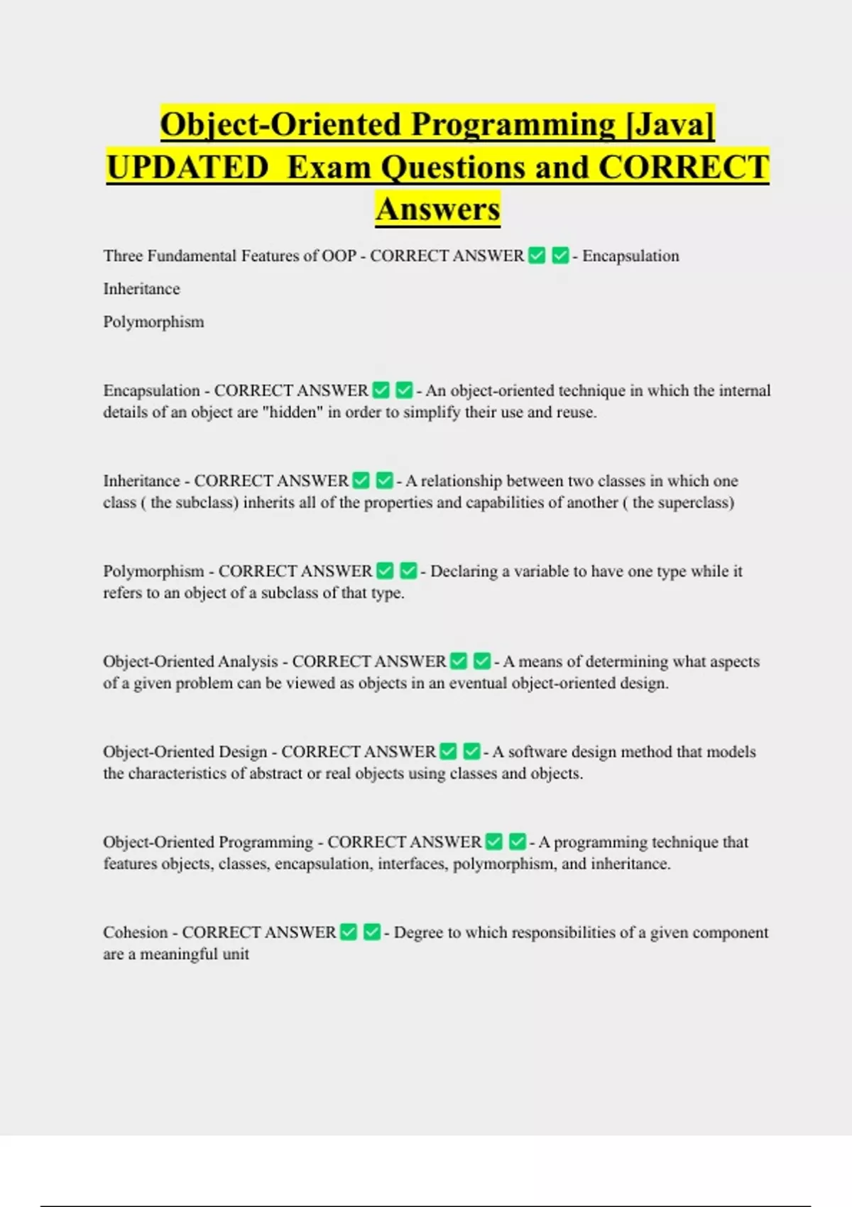 Object-Oriented Programming [Java] UPDATED Exam Questions and CORRECT Answers - JAVA - Stuvia US