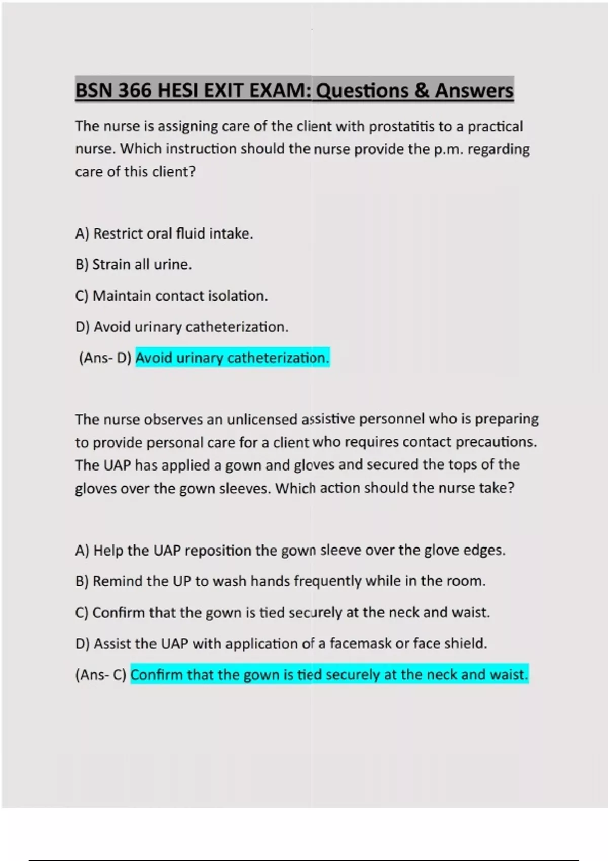 BSN 366:BSN 366 HESI EXIT EXAM: Questions & Answers: Latest Updated ...