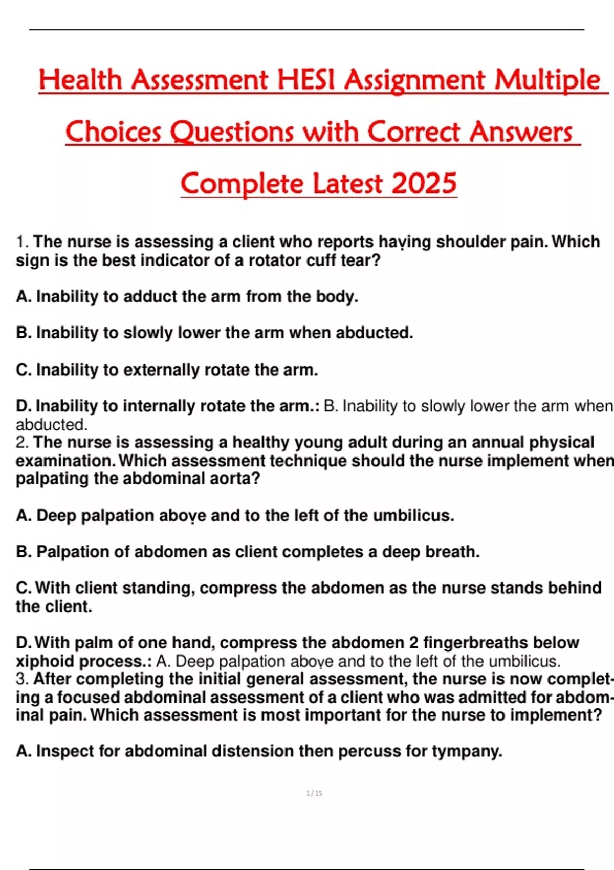 Health Assessment HESI Assignment Multiple Choices Questions with Correct Answers Complete ...