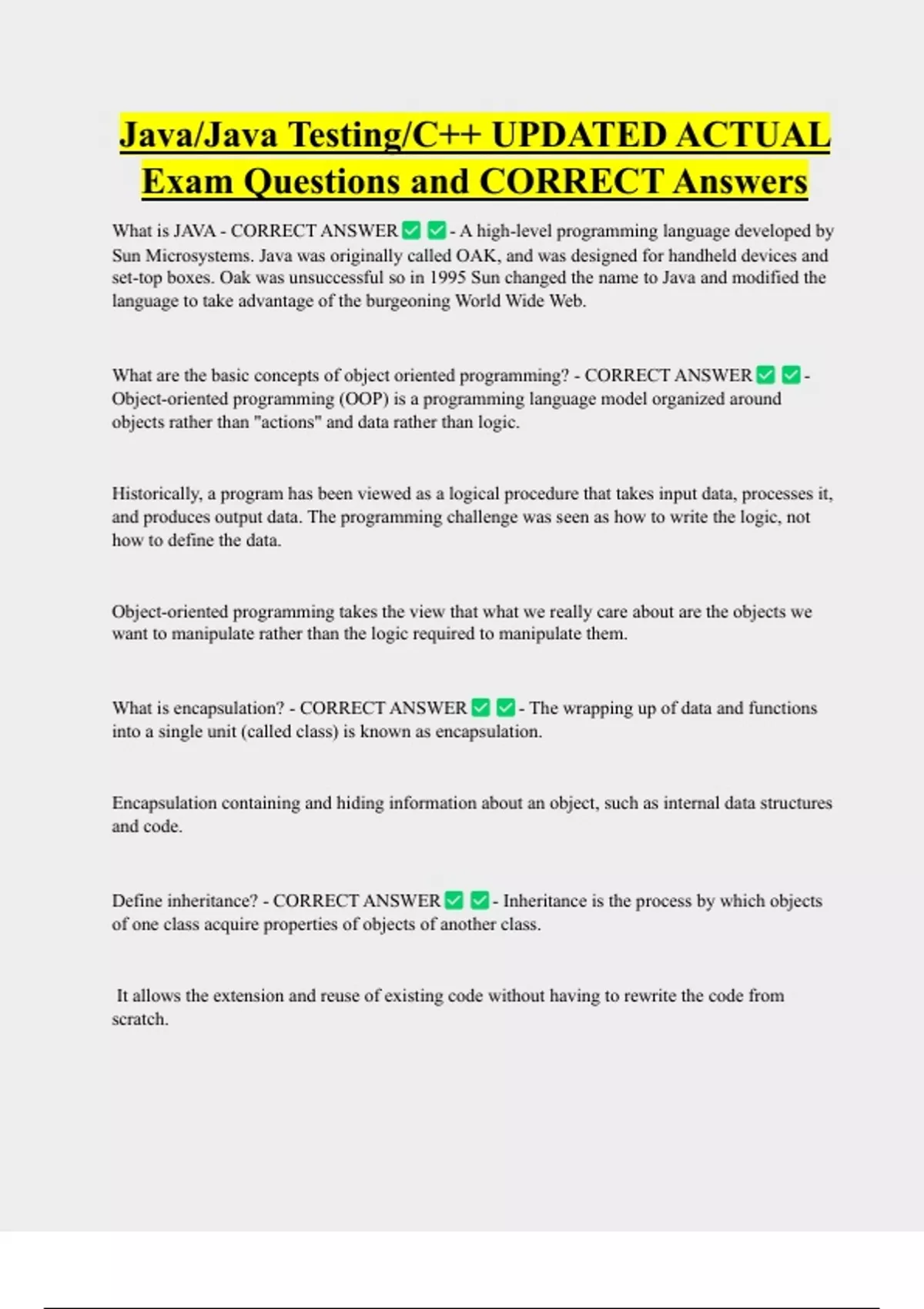 Java/Java Testing/C++ UPDATED ACTUAL Exam Questions and CORRECT Answers ...