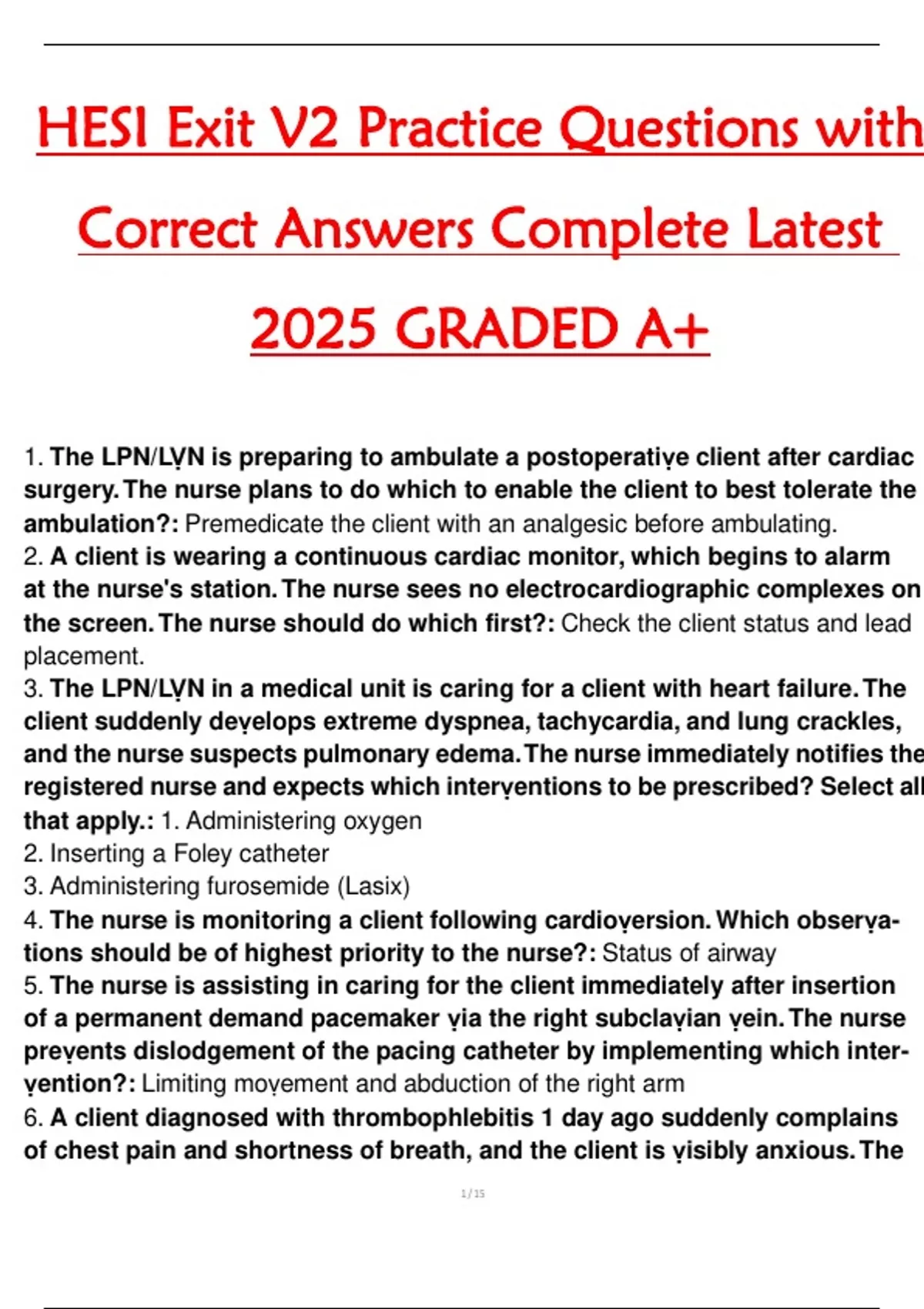 HESI Exit V2 Practice Questions with Correct Answers Complete Latest ...