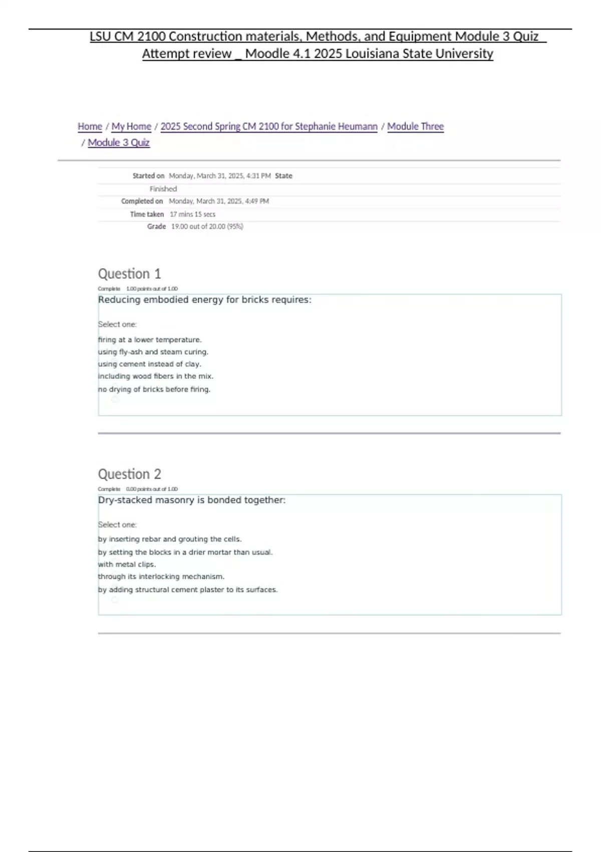 LSU CM 2100 Construction materials, Methods, and Equipment Module 3 Quiz_ Attempt review ...