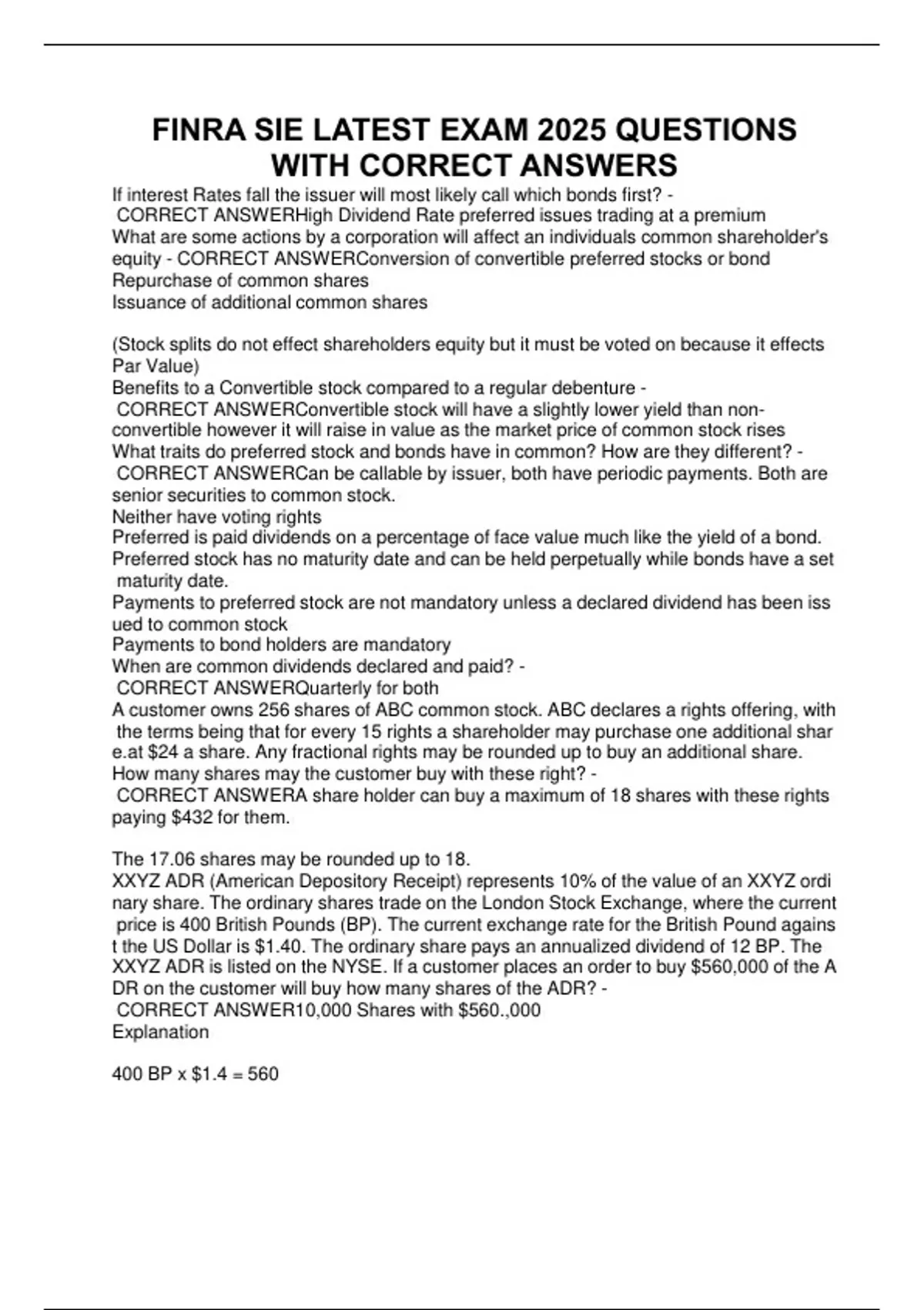 FINRA SIE LATEST EXAM 2025 QUESTIONS WITH CORRECT ANSWERS - FINRA SIE ...