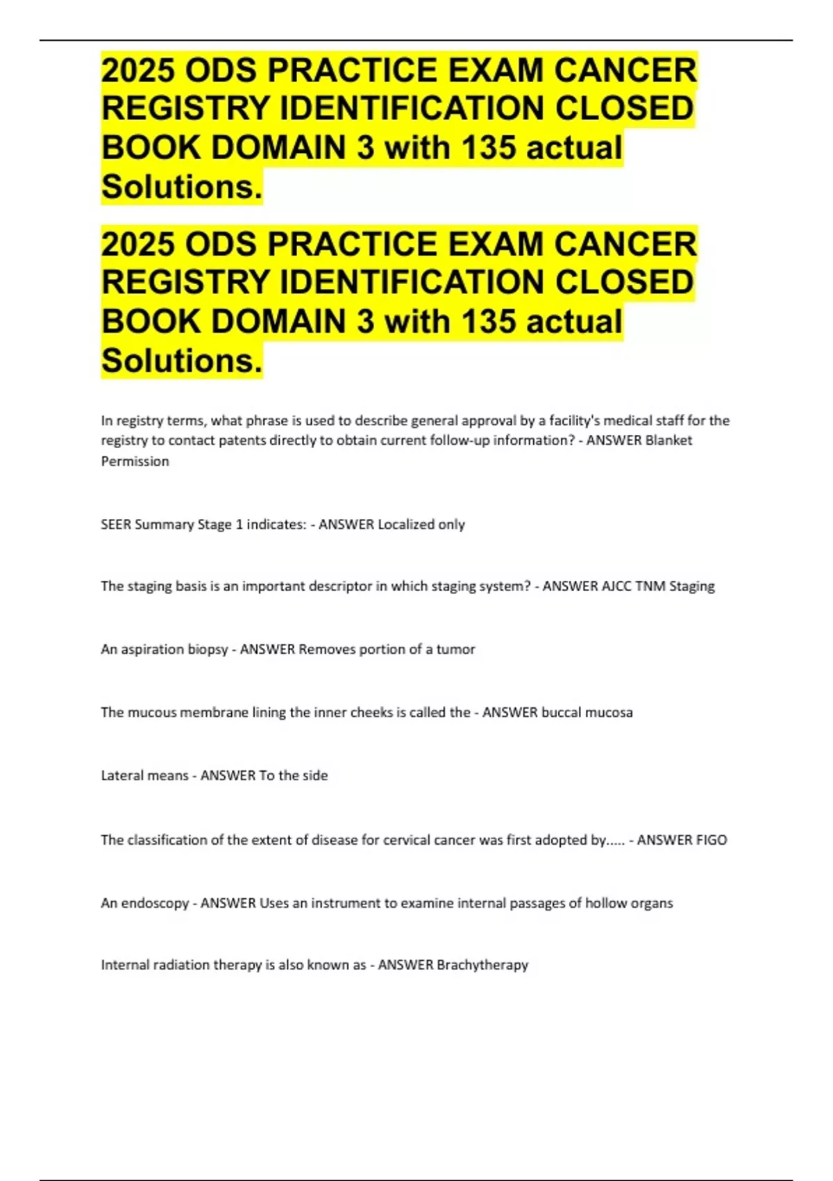 2025 ODS PRACTICE EXAM CANCER REGISTRY IDENTIFICATION CLOSED BOOK ...