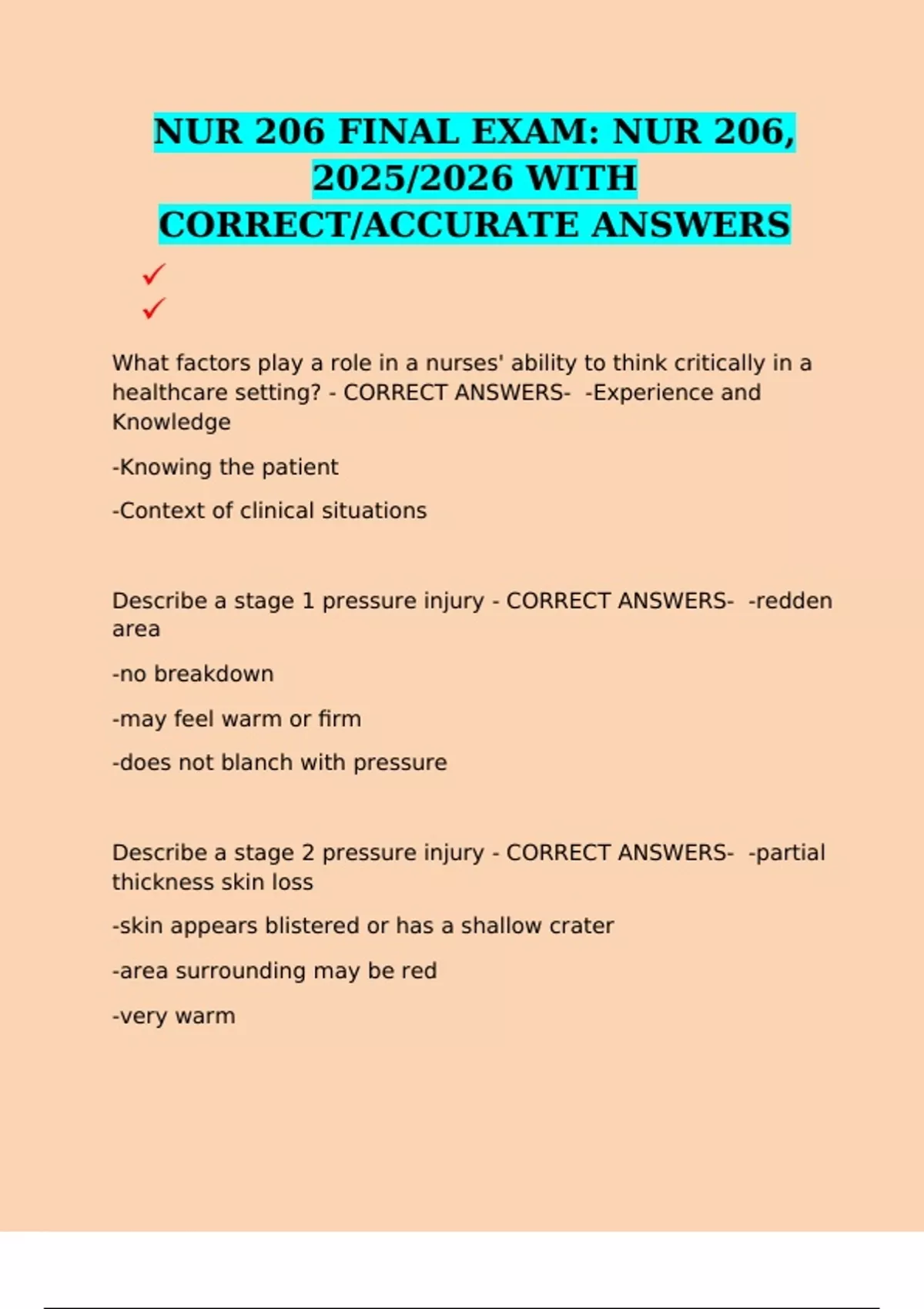 NUR 206 FINAL EXAM: NUR 206, 2025/2026 WITH CORRECT/ACCURATE ANSWERS ...