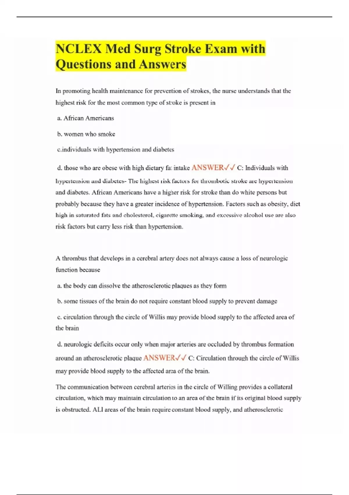 NCLEX Med Surg Stroke Exam with Questions and Answers - Med surg ...