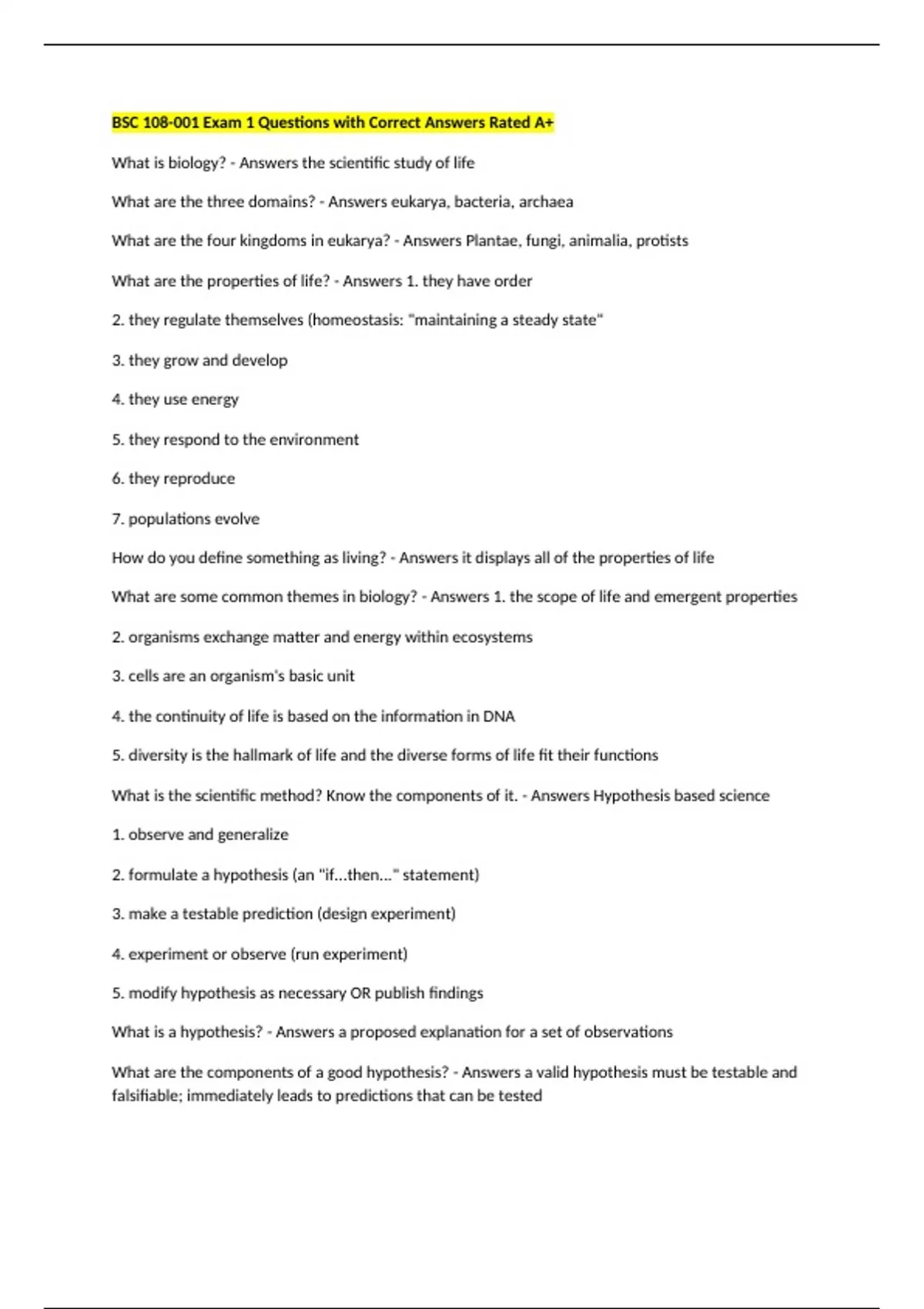 BSC 108-001 Exam 1 Questions with Correct Answers Rated A+ - BSC 108 ...
