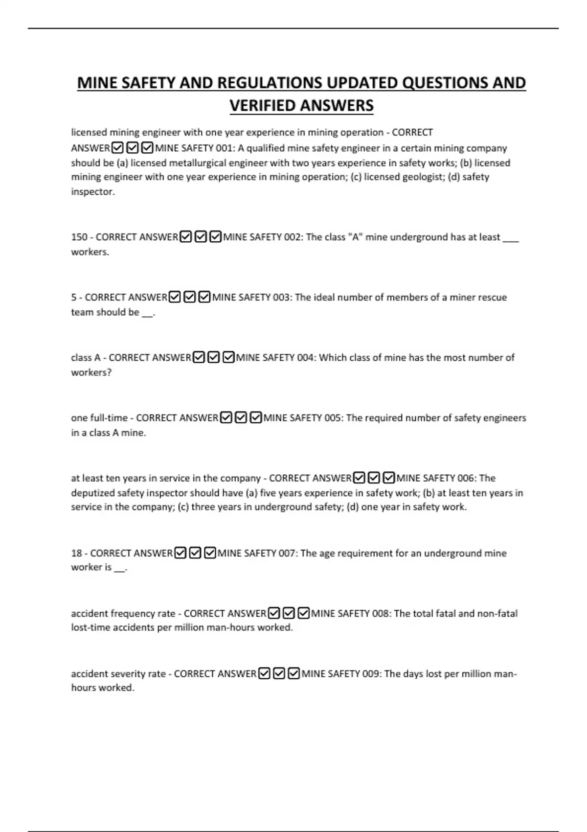 MINE SAFETY AND REGULATIONS UPDATED QUESTIONS AND VERIFIED ANSWERS ...