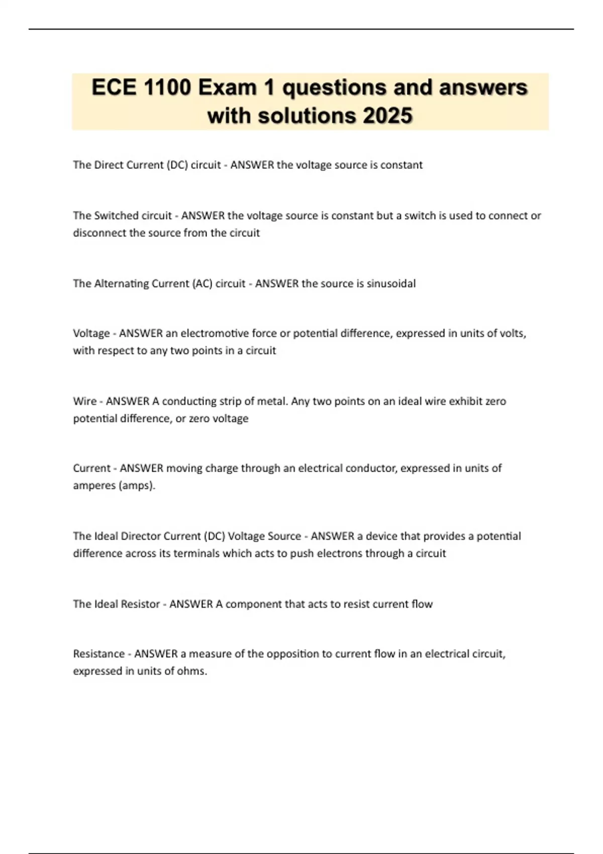 ECE 1100 Exam 1 questions and answers with solutions 2025 - CON 1100V ...