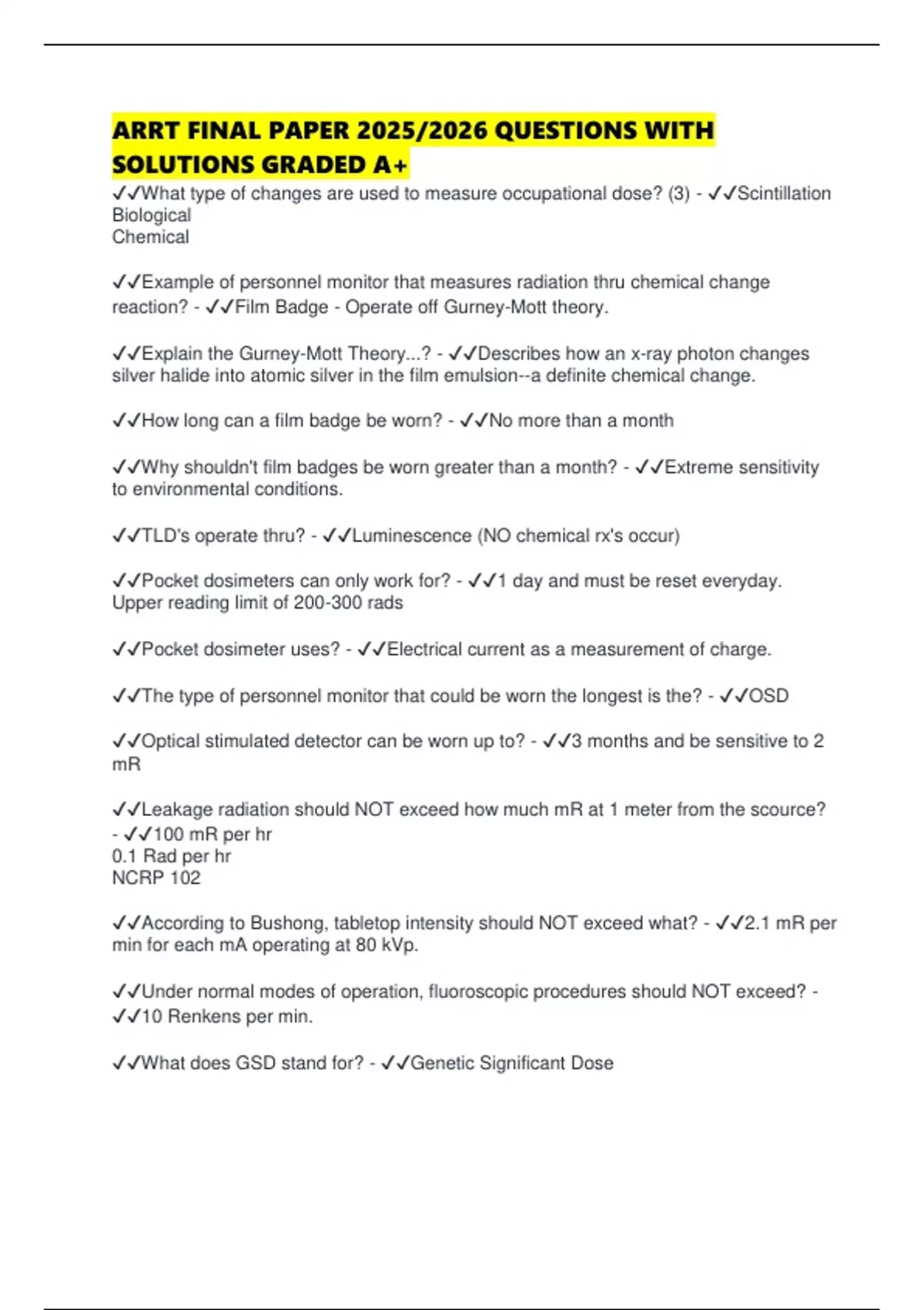 ARRT FINAL PAPER 2025/2026 QUESTIONS WITH SOLUTIONS GRADED A+ - Arrt ...