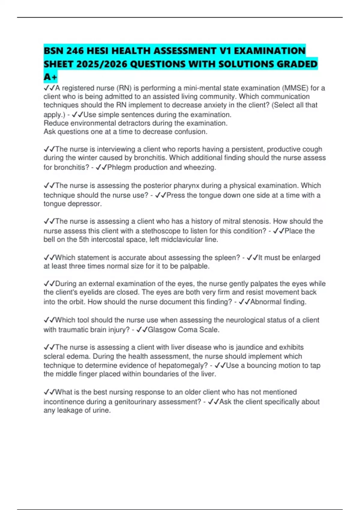 BSN 246 HESI HEALTH ASSESSMENT V1 EXAMINATION SHEET 2025/2026 QUESTIONS ...