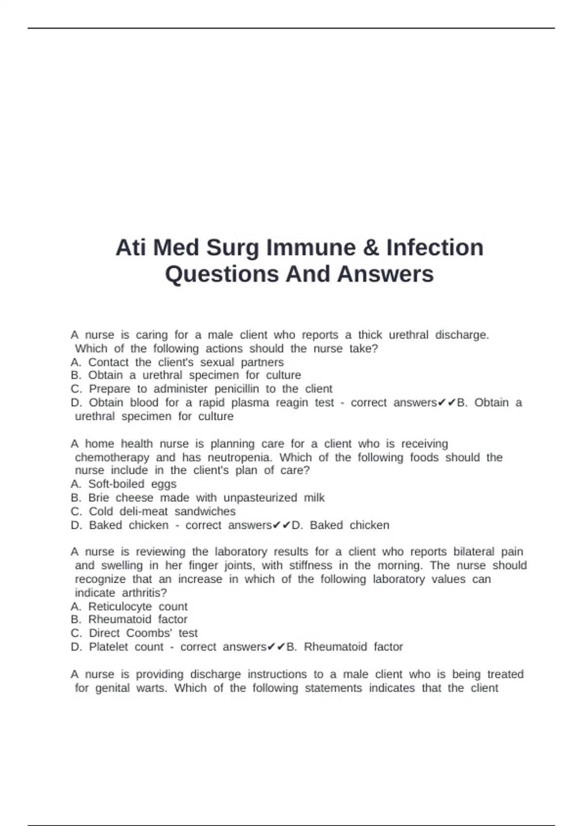 Ati Med Surg Immune & Infection Questions And Answers - ATI IMMUNE AND ...