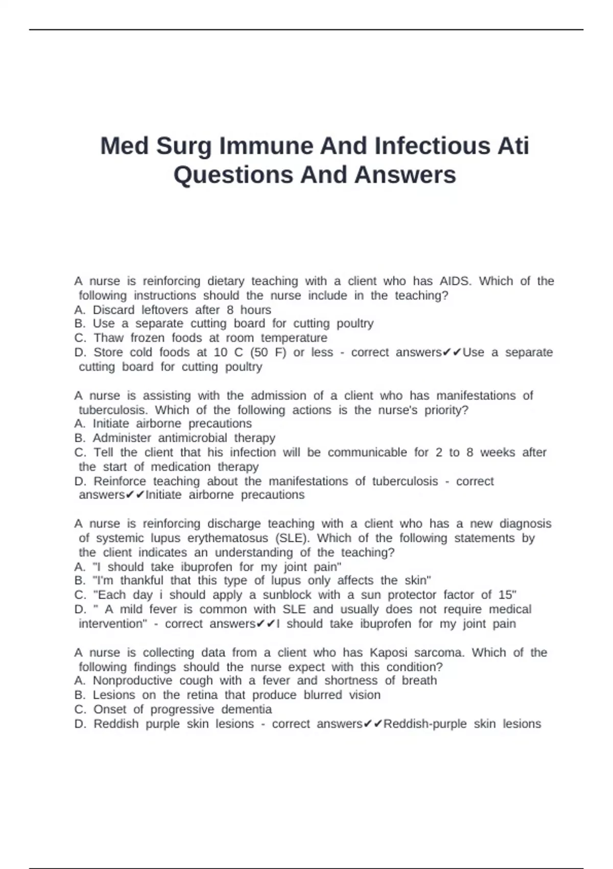 Med Surg Immune And Infectious Ati Questions And Answers - ATI IMMUNE ...