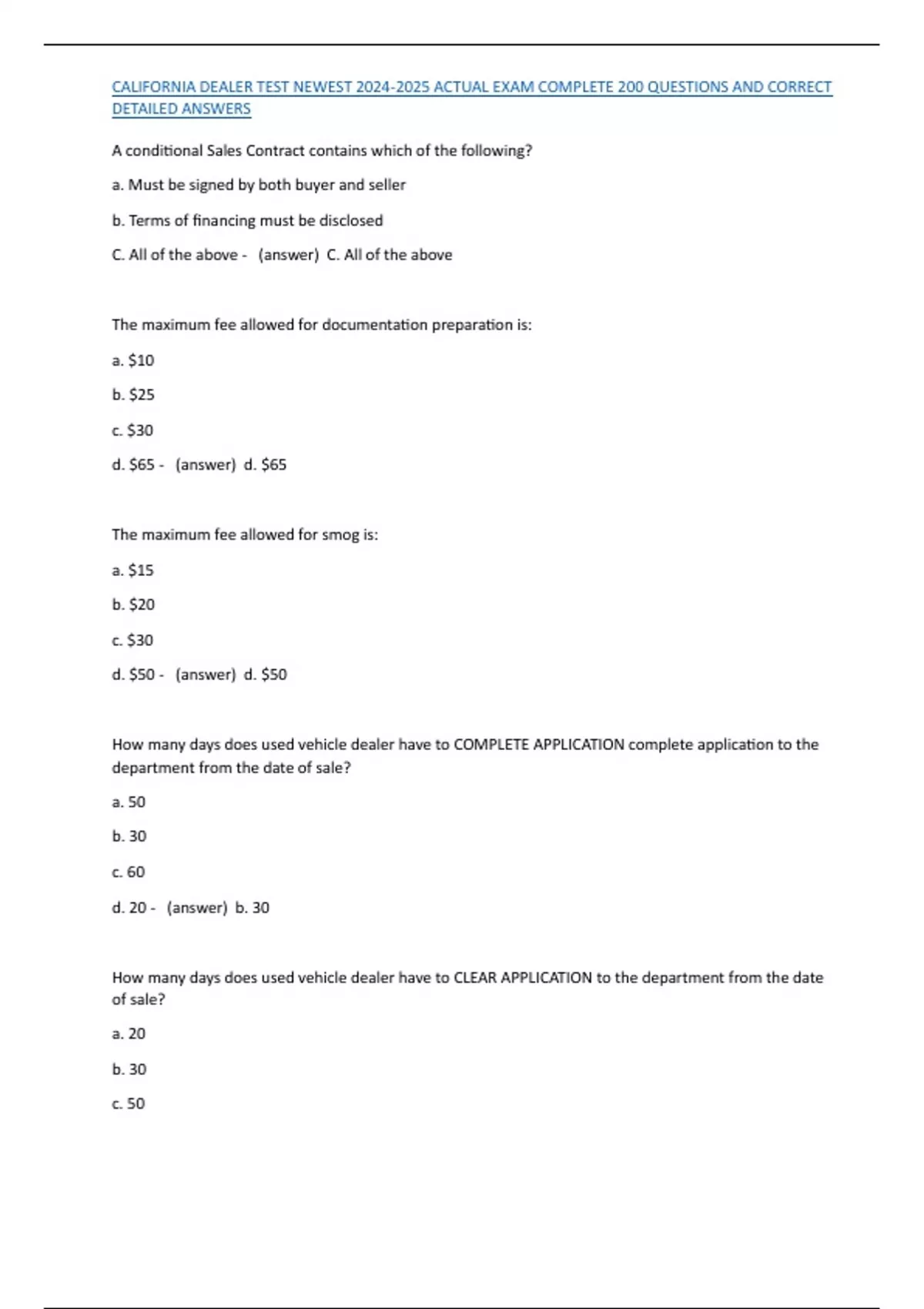 CALIFORNIA DEALER TEST NEWEST ACTUAL EXAM COMPLETE 200 QUESTIONS AND ...