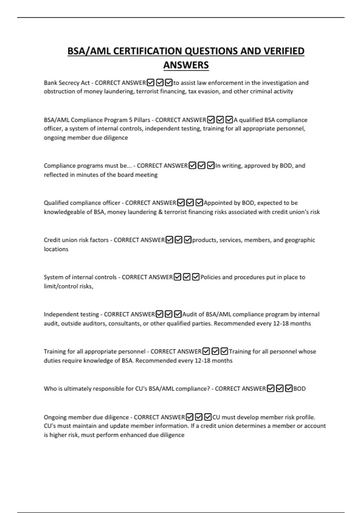 BSA AML CERTIFICATION QUESTIONS AND VERIFIED ANSWERS - BSA/AML - Stuvia US