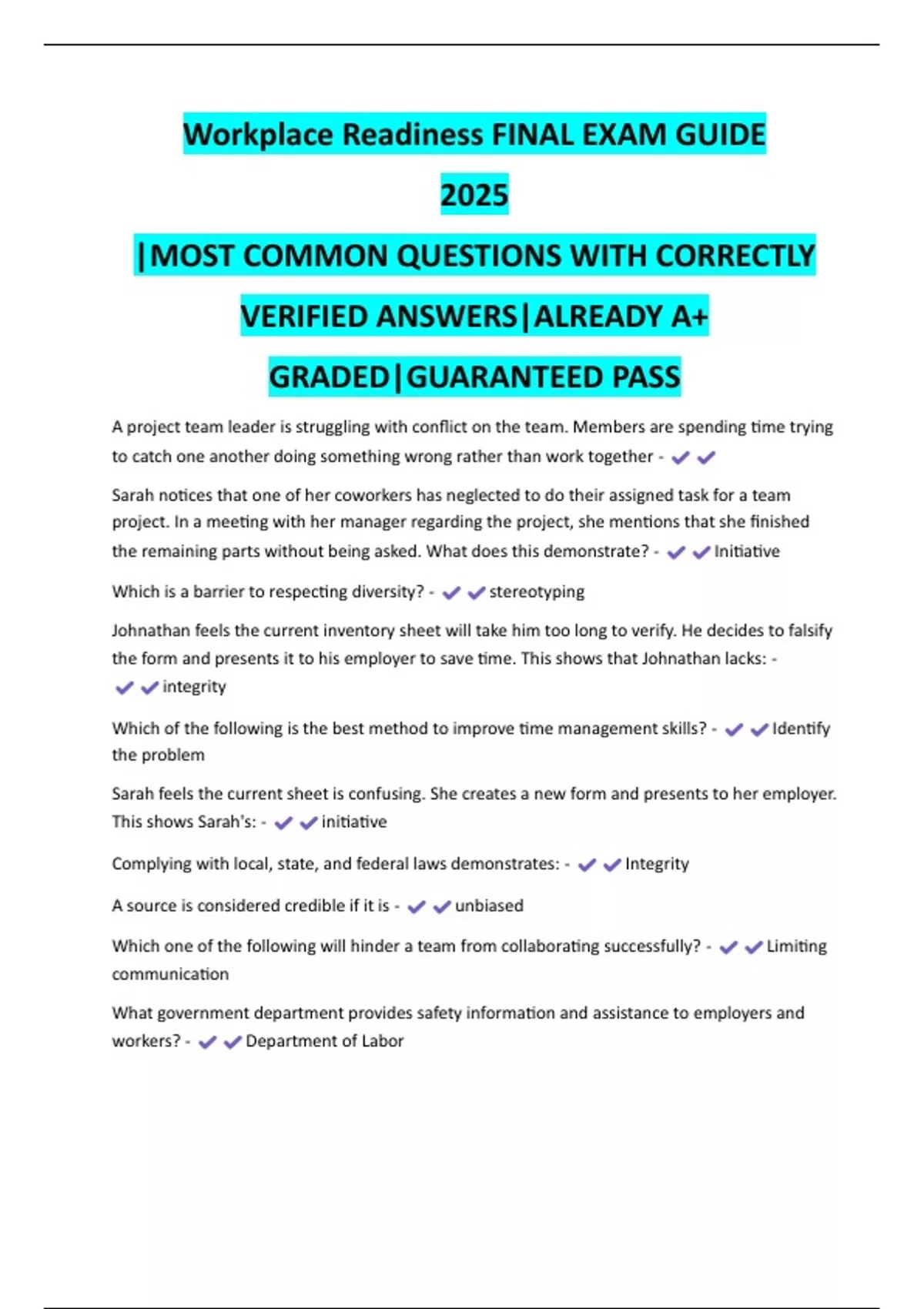Workplace Readiness FINAL EXAM GUIDE 2025 |MOST COMMON QUESTIONS WITH ...