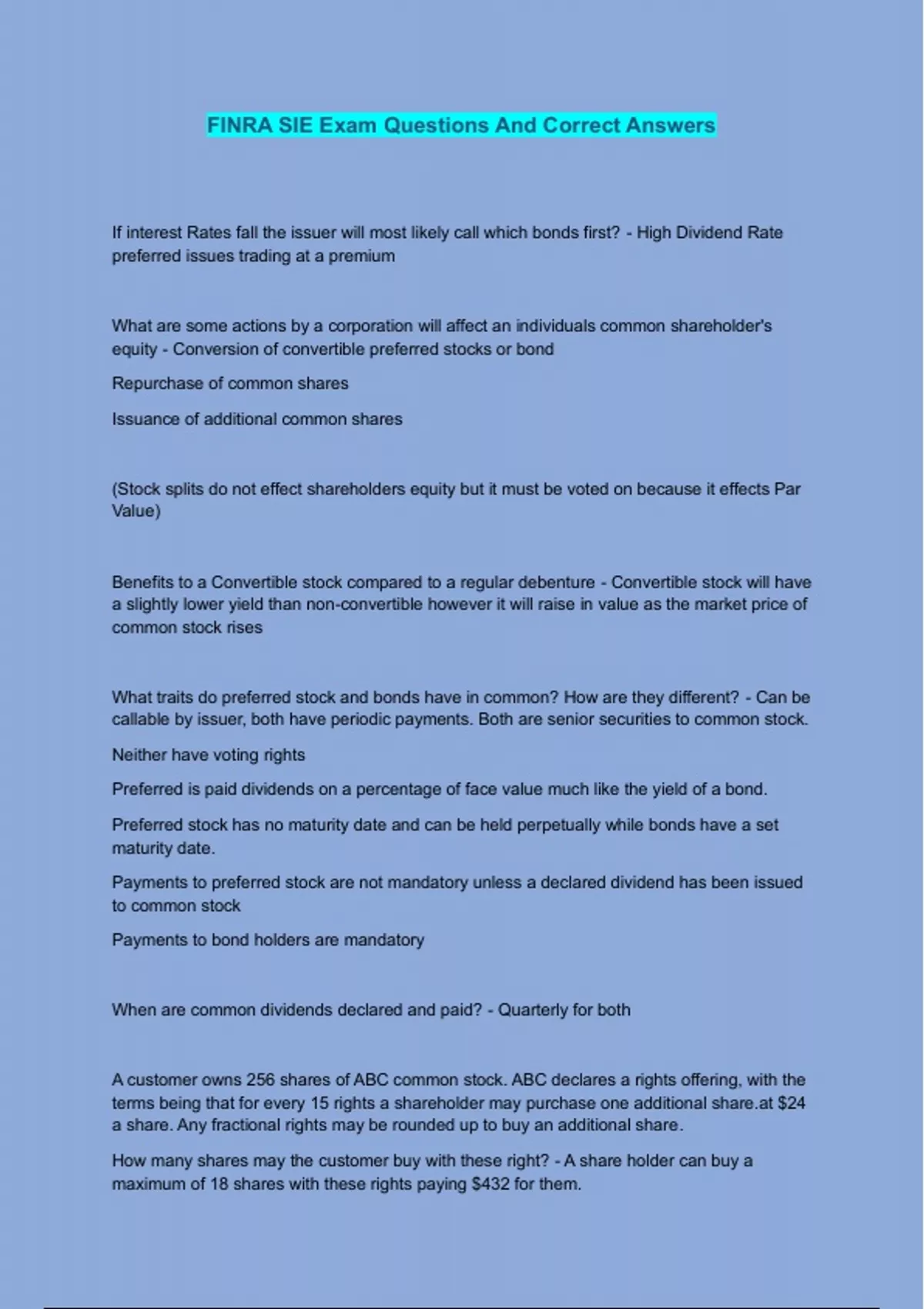 FINRA SIE Exam with 100% correct answers 2024/2025 - FINRA SIE - Stuvia US